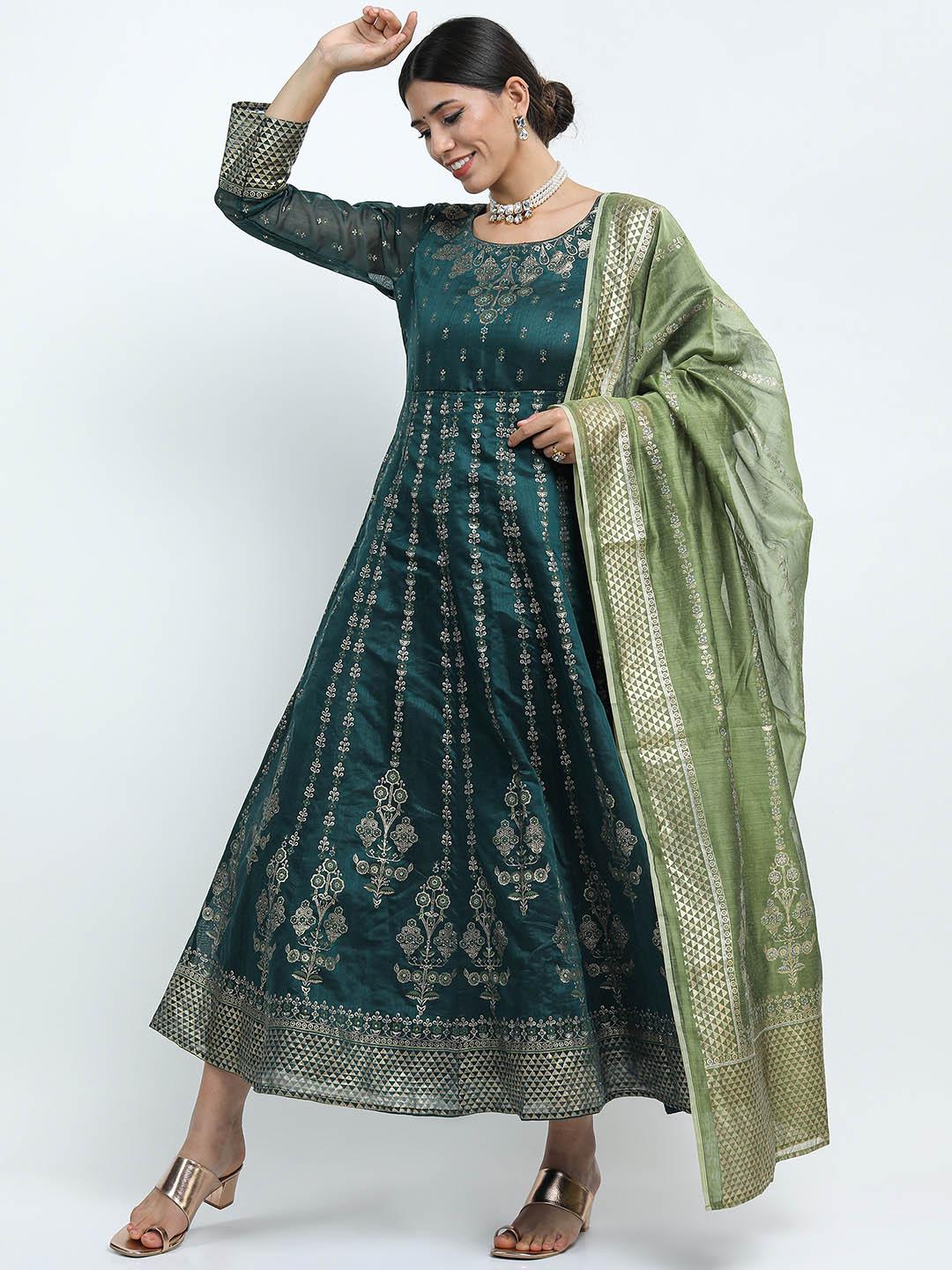 Buy Vishudh Women Green Ethnic Motifs Ethnic Anarkali Ethnic Dress With ...