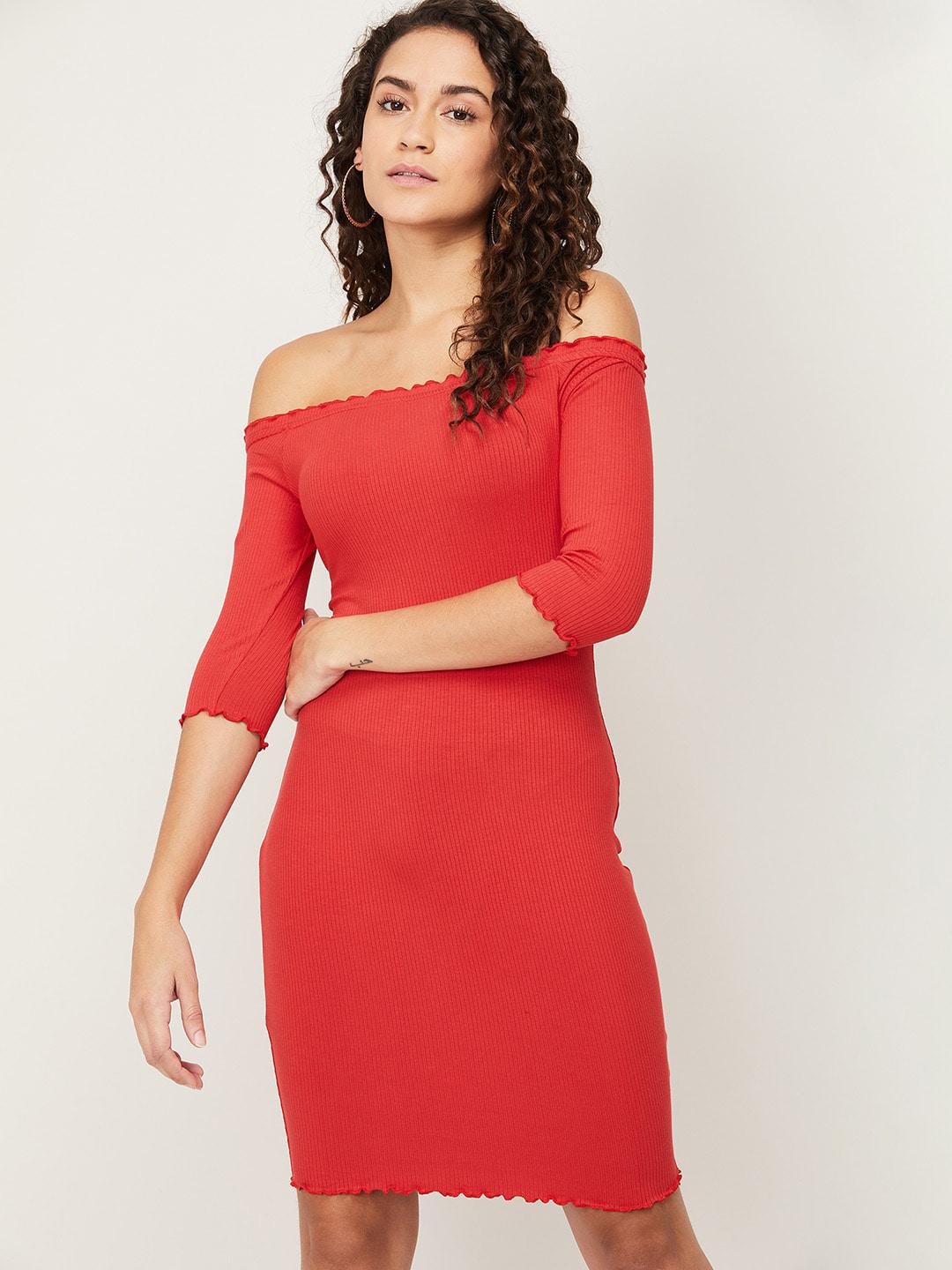 Buy Ginger By Lifestyle Red Off Shoulder Bodycon Dress - Dresses for ...