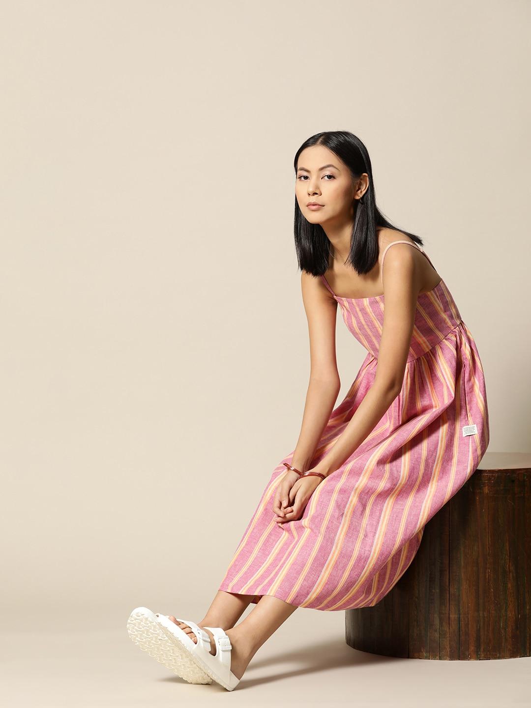 Buy BOWER Pink & Orange Striped Linen Cotton Midi A Line Dress ...