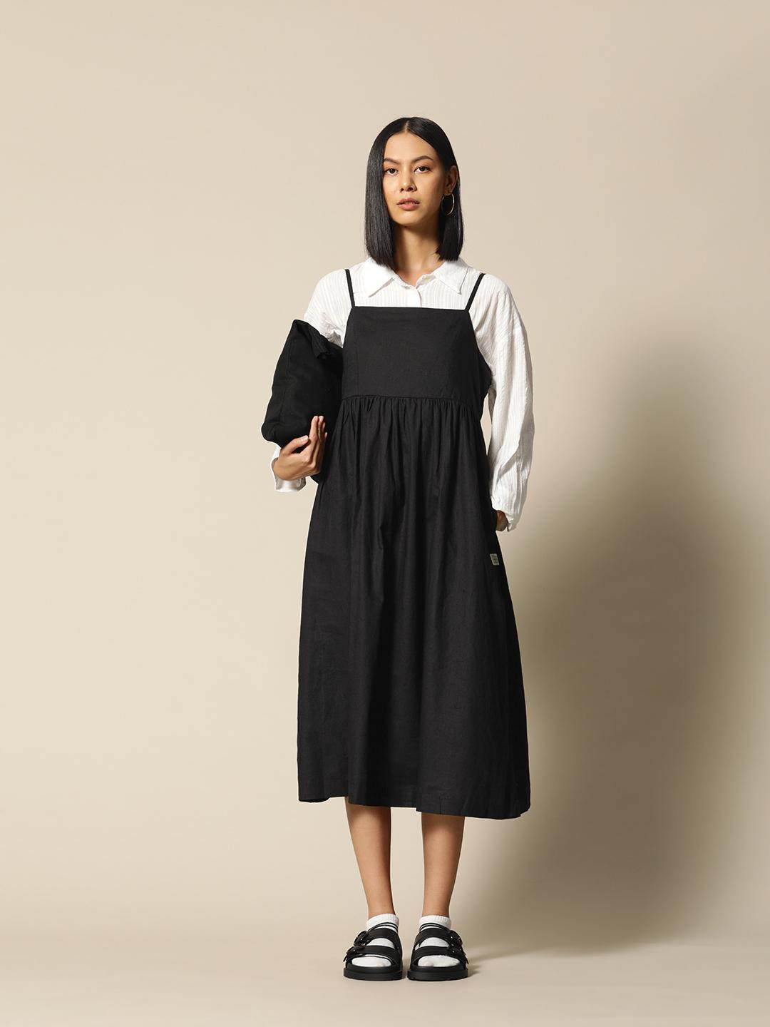 Buy BOWER Black Solid Linen Cotton A Line Midi Dress - Dresses for ...