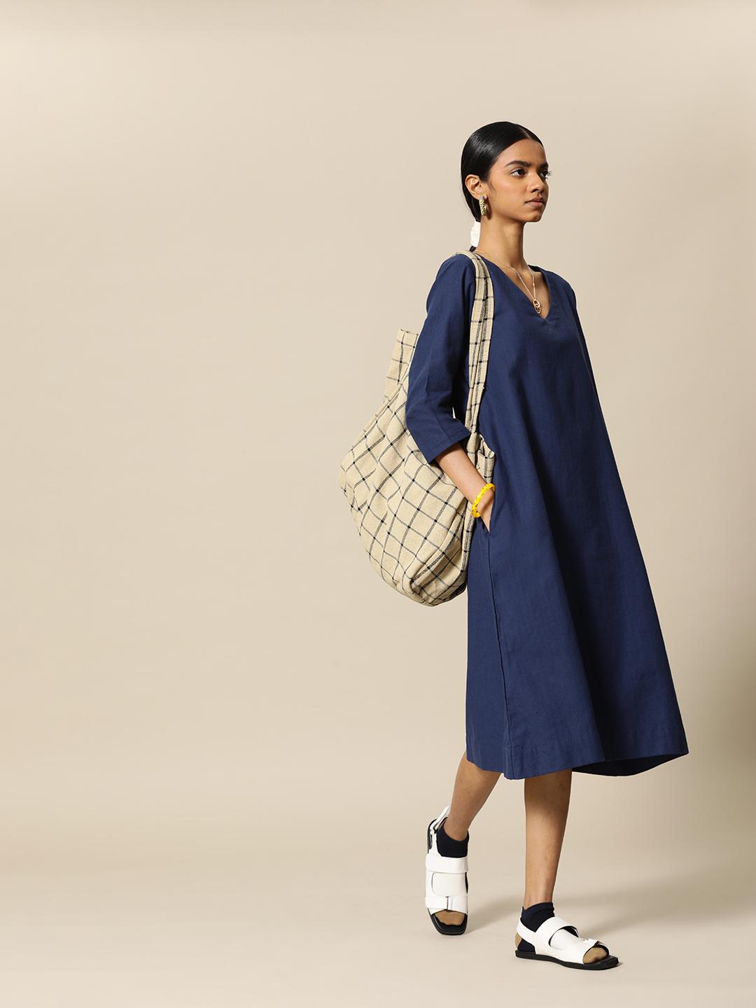 Buy BOWER Navy Blue Solid Cotton Linen A Line Dress With Pockets ...
