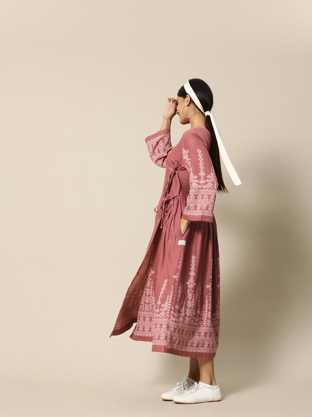 Buy BOWER Dusty Pink & White Premium Cotton Ethnic Motifs Wrap Dress ...