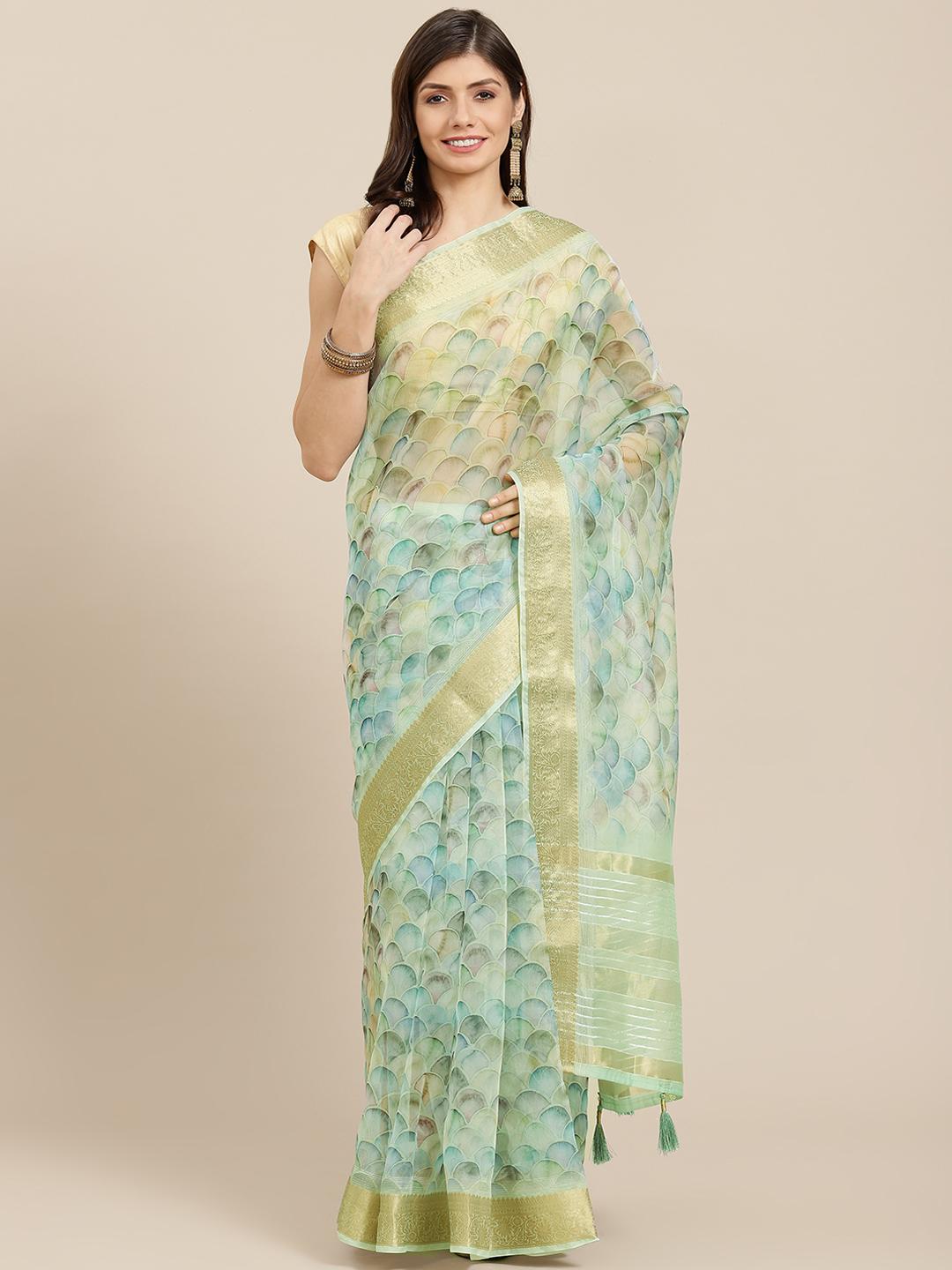 Buy PACHE Green & Blue Abstract Print Zari Organza Saree - Sarees for ...