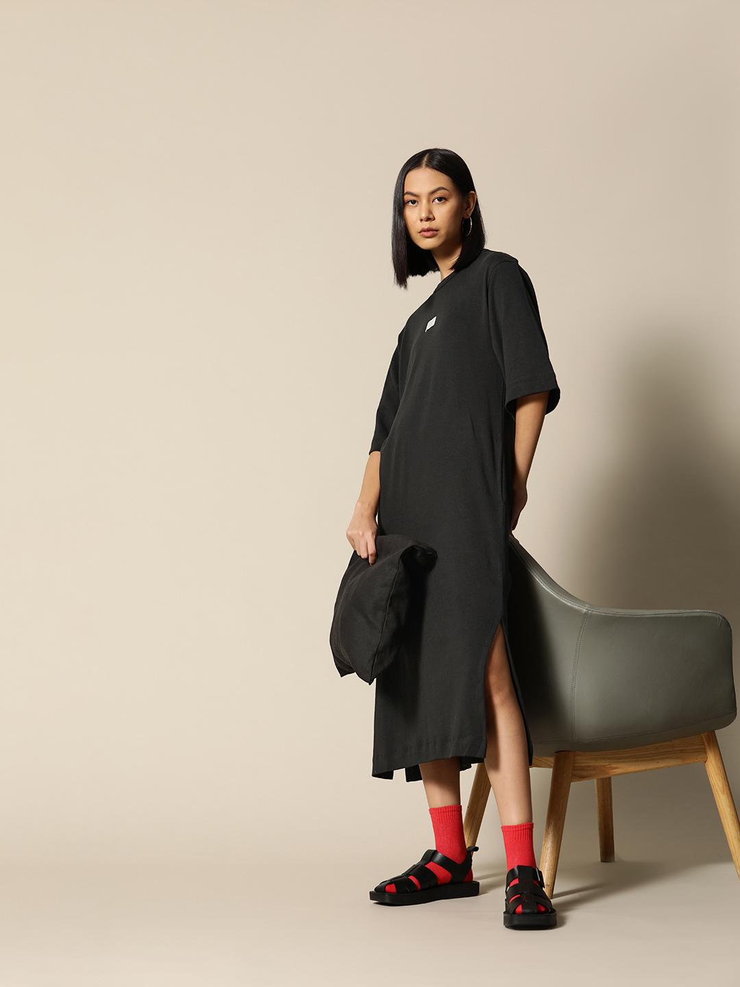 Buy BOWER Black Pure Cotton Solid T Shirt Midi Dress - Dresses for ...