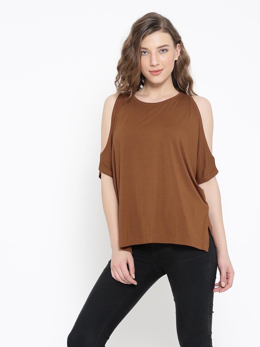 Buy FOREVER 21 Women Mustard Brown Solid Cold Shoulder Top - Tops for ...
