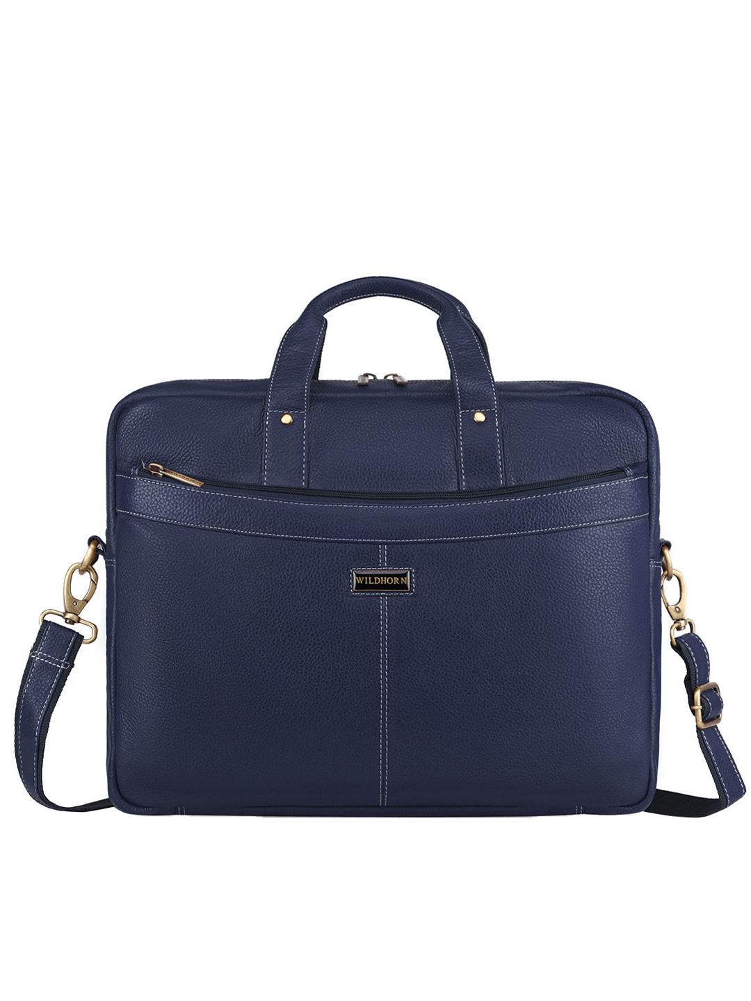 Buy WildHorn Men Blue Textured Leather Laptop Bag - Laptop Bag for Men ...