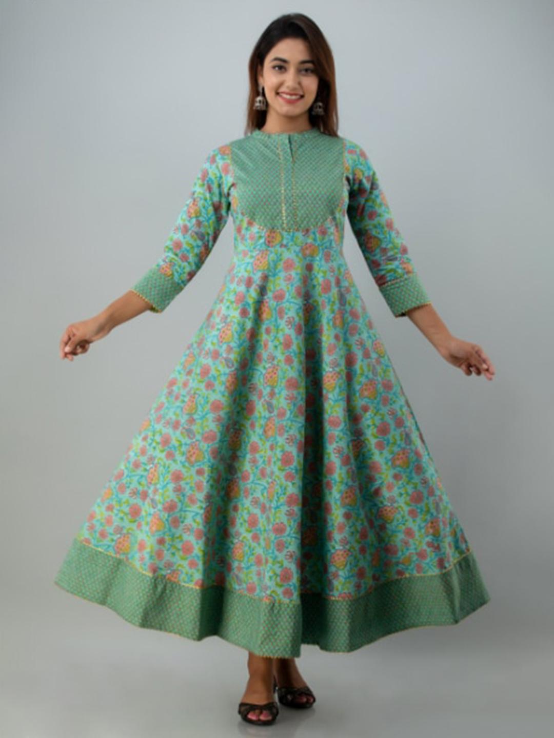 Buy GLAM ROOTS Green Floral Maxi Fit & Flare Dress - Ethnic Dresses for ...