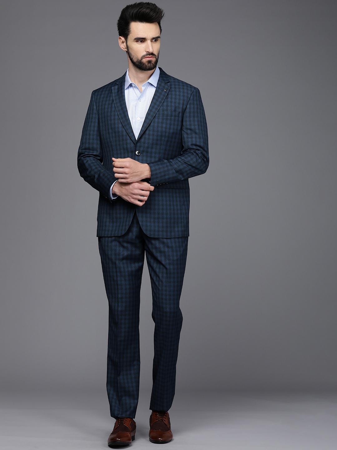 Buy Louis Philippe Men Blue Self Design Slim Fit Single Breasted 2 ...