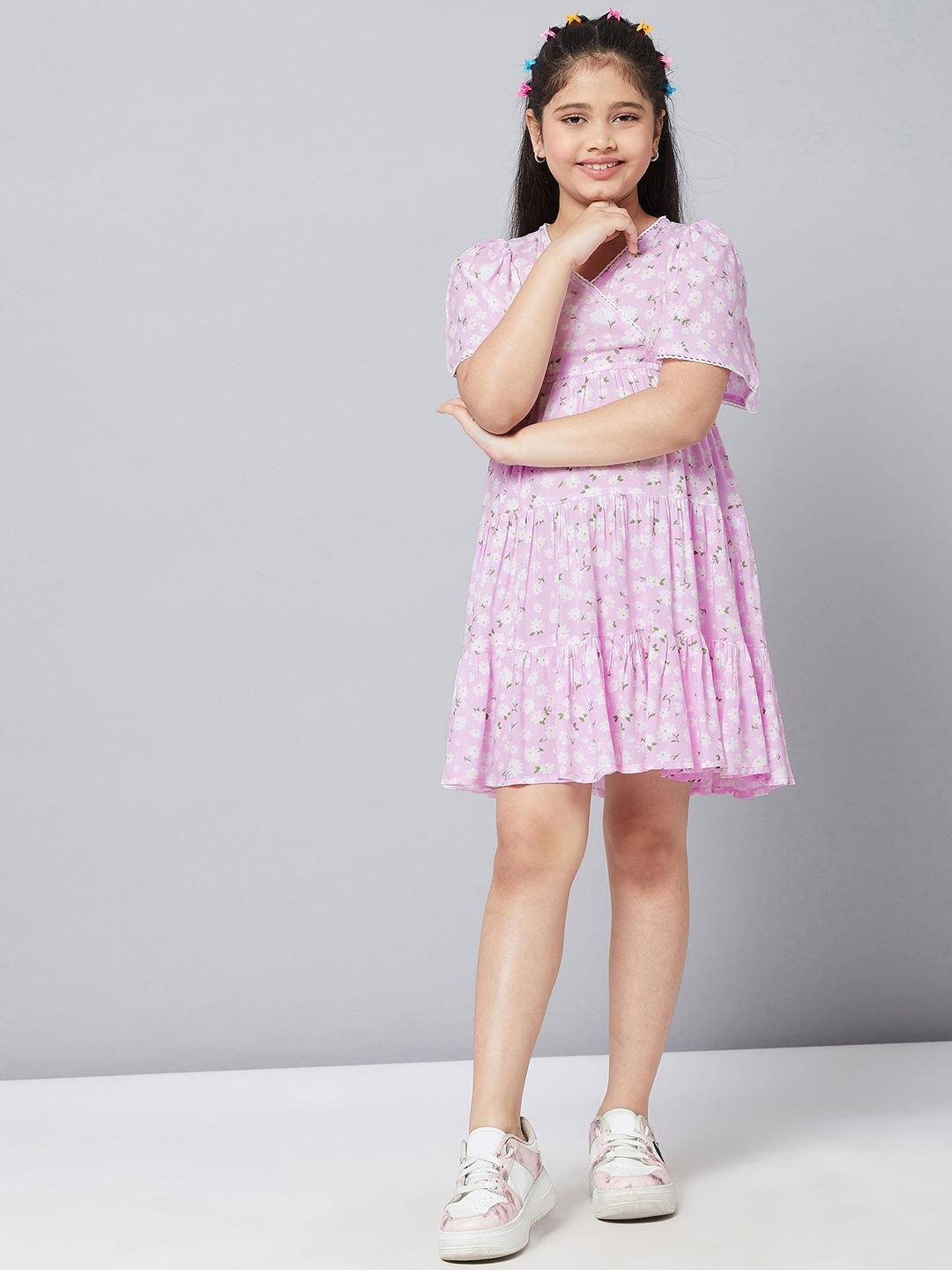 Buy Stylo Bug Girls Pink Floral Tiered Dress - Dresses for Girls ...