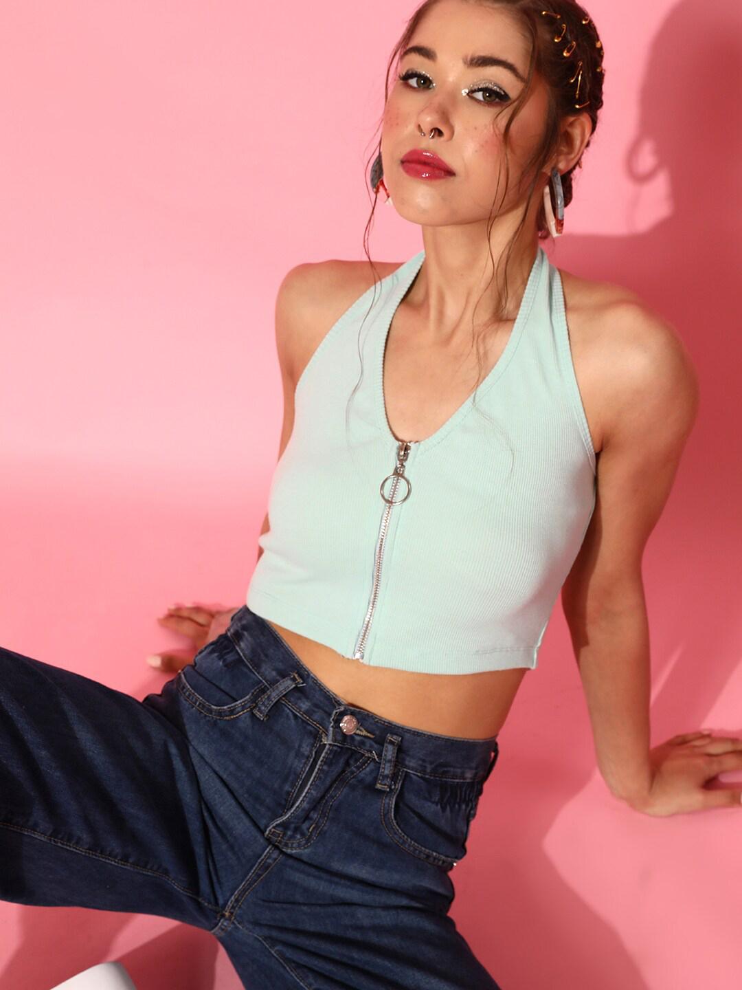 Buy STREET 9 Women Ribbed Halter Neck Alluring Tank Crop Top - Tops for ...