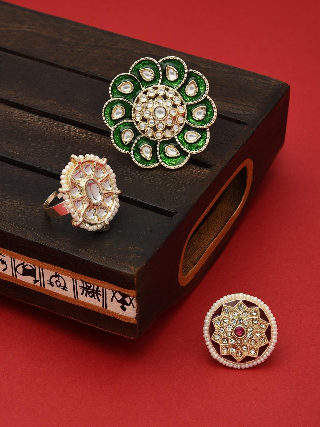 Buy Zaveri Pearls Set Of 3 Gold Plated White & Green Stone Studded ...