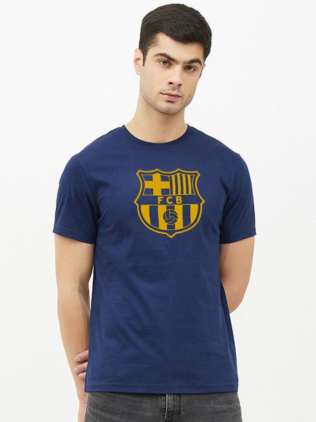 Buy FC Barcelona Men Navy Blue FC Barcelona Signature Printed Cotton T ...