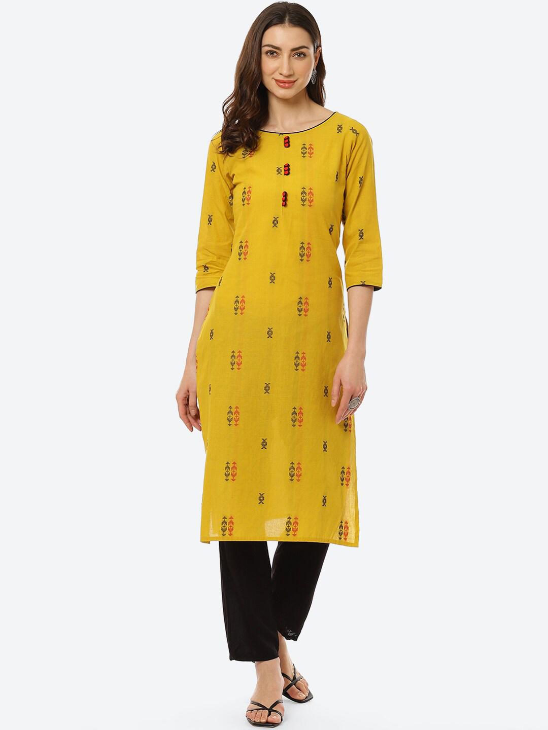 Buy Kurti's By Menka Women Yellow Ethnic Motifs Printed Cotton Straight ...