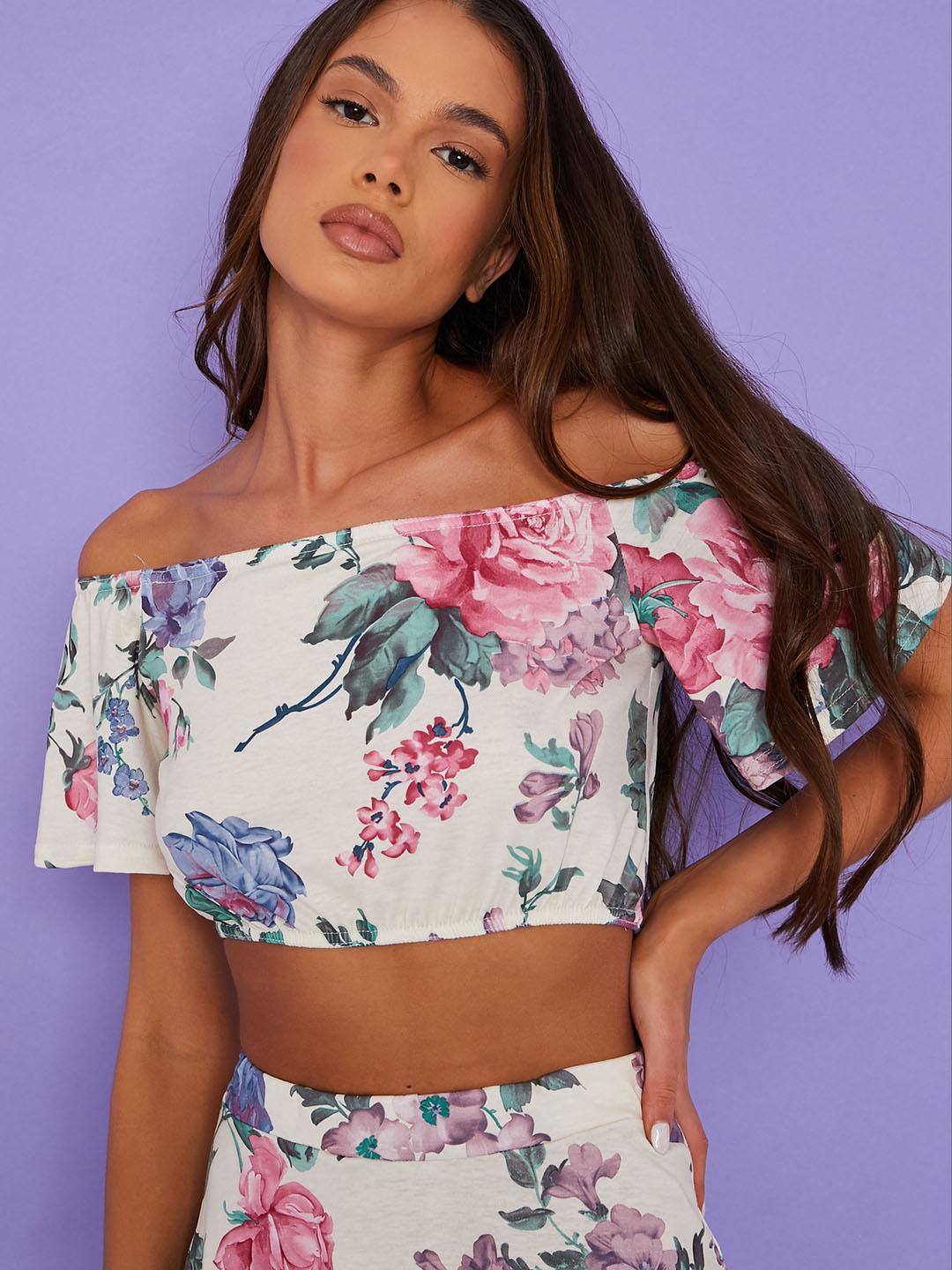 Buy I Saw It First Women Off White & Blue Floral Print Off Shoulder ...