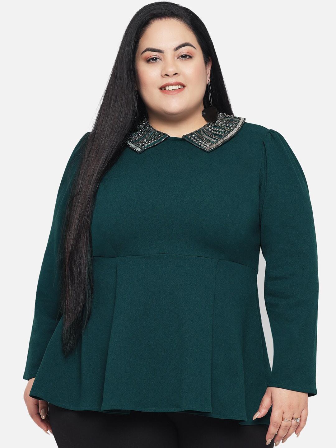 Buy Wild U Plus Size Teal Green Peter Pan Collar Scuba Top - Tops for ...
