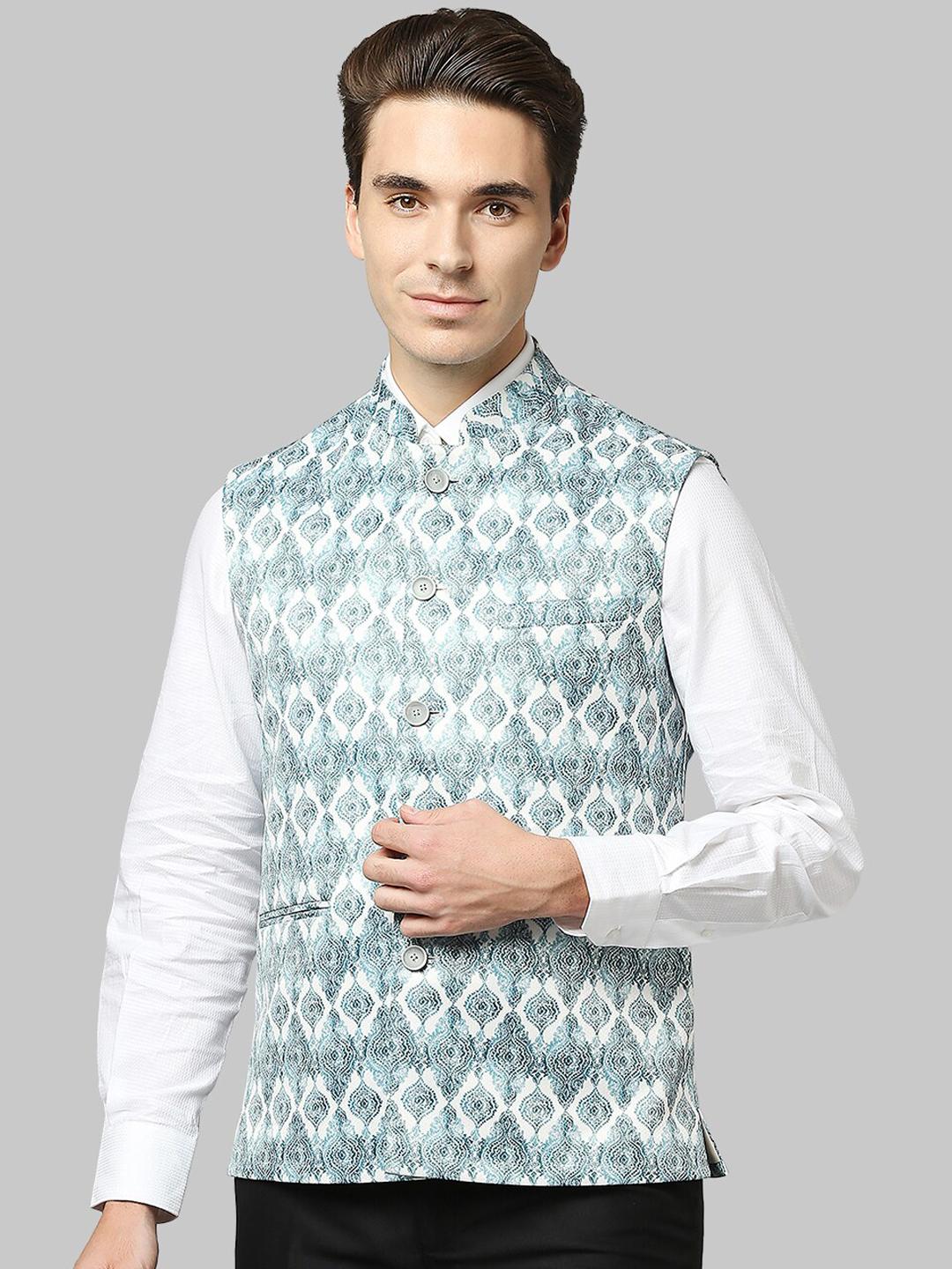Buy Raymond Men Green & White Printed Woven Nehru Jacket - Nehru ...