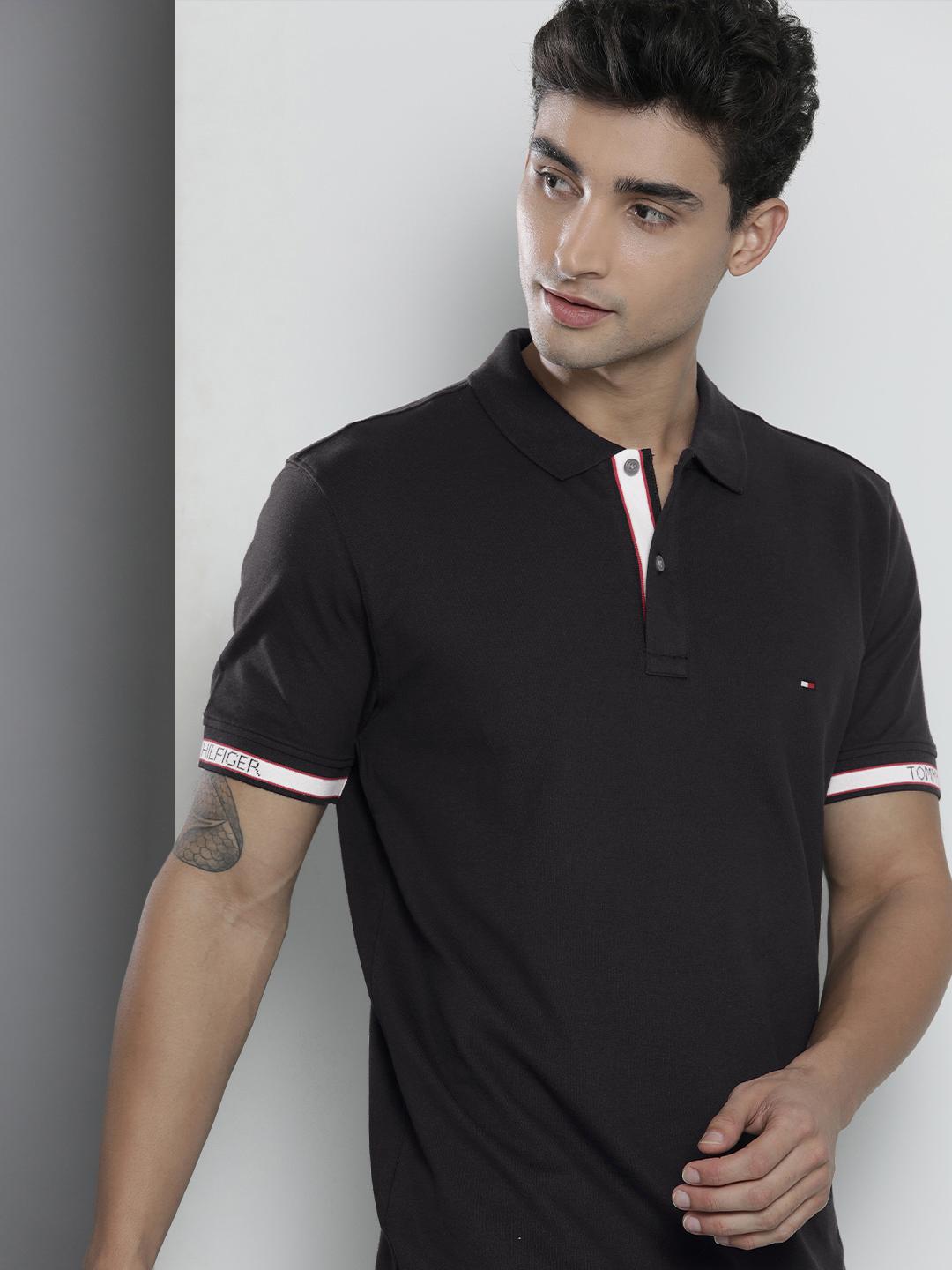 Buy Tommy Hilfiger Men Black Polo Collar T Shirt - Tshirts for Men ...