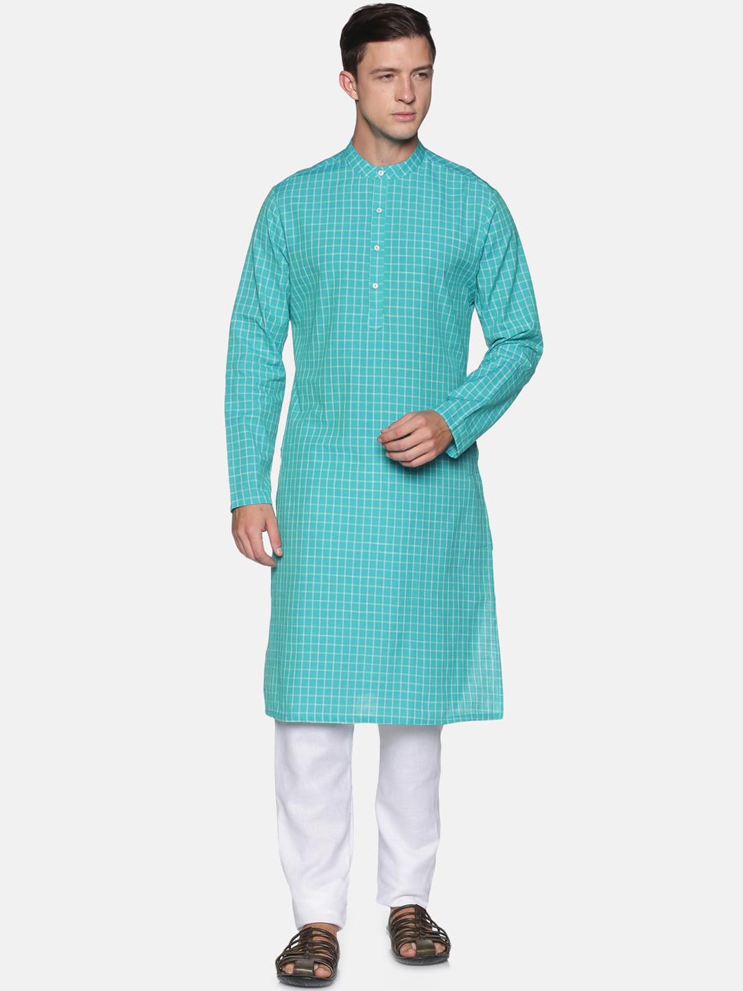 Buy Saffron Threads Men Turquoise Blue Pure Cotton Kurta With Pyjamas ...