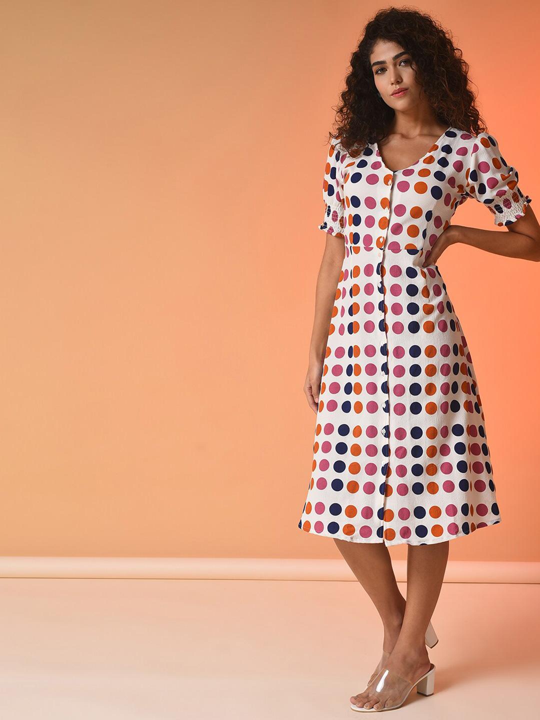 Buy Campus Sutra Women Multicoloured Polka Dot Printed A Line Midi ...
