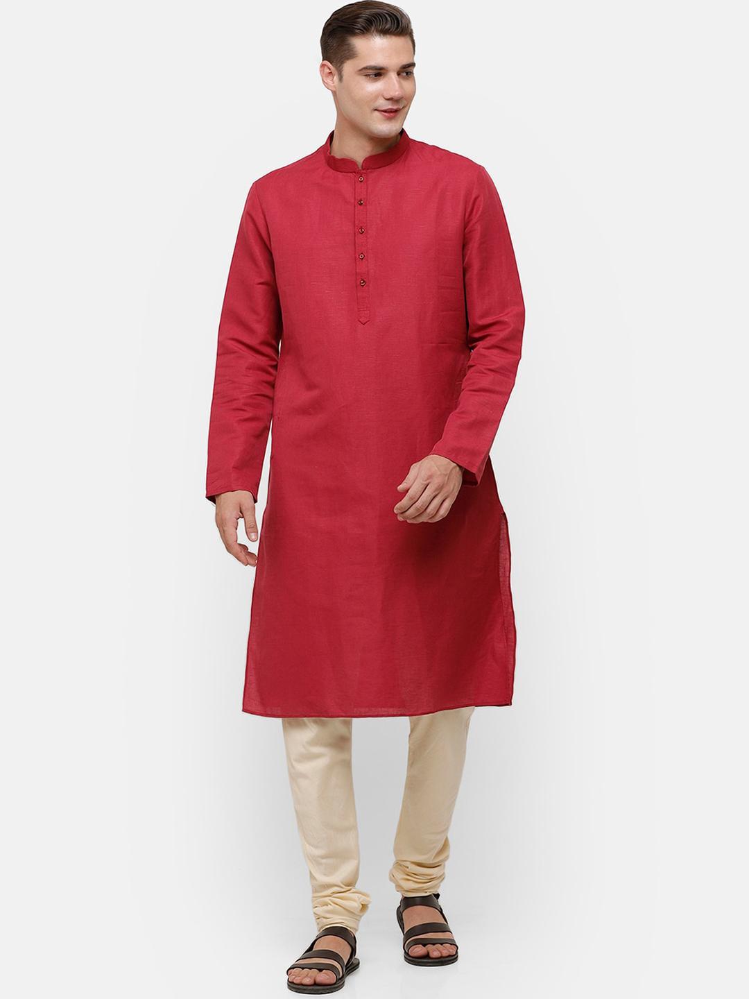 Buy Linen Club Men Red Thread Work Linen Kurta - Kurtas for Men ...