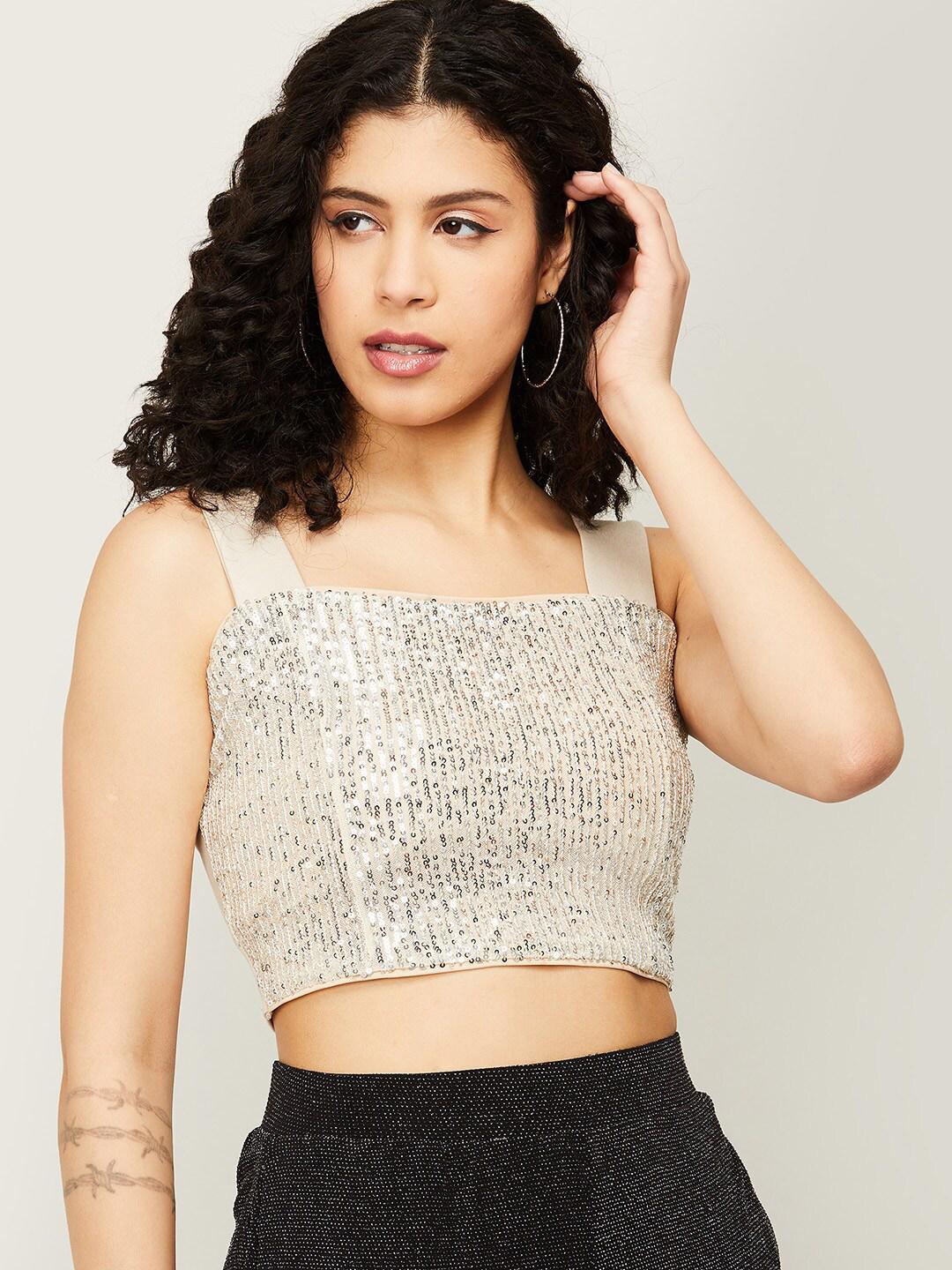 Buy Ginger By Lifestyle Golden Sequinned Embellished Crop Top - Tops ...