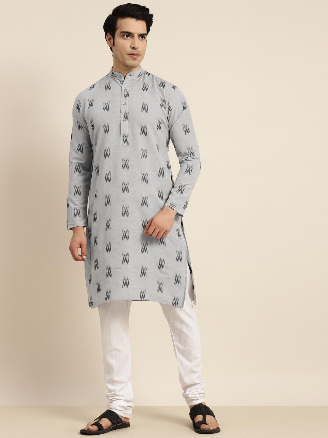 Buy Anug By SOJANYA Men Grey Band Collar Pure Cotton Kurta - Kurtas for ...