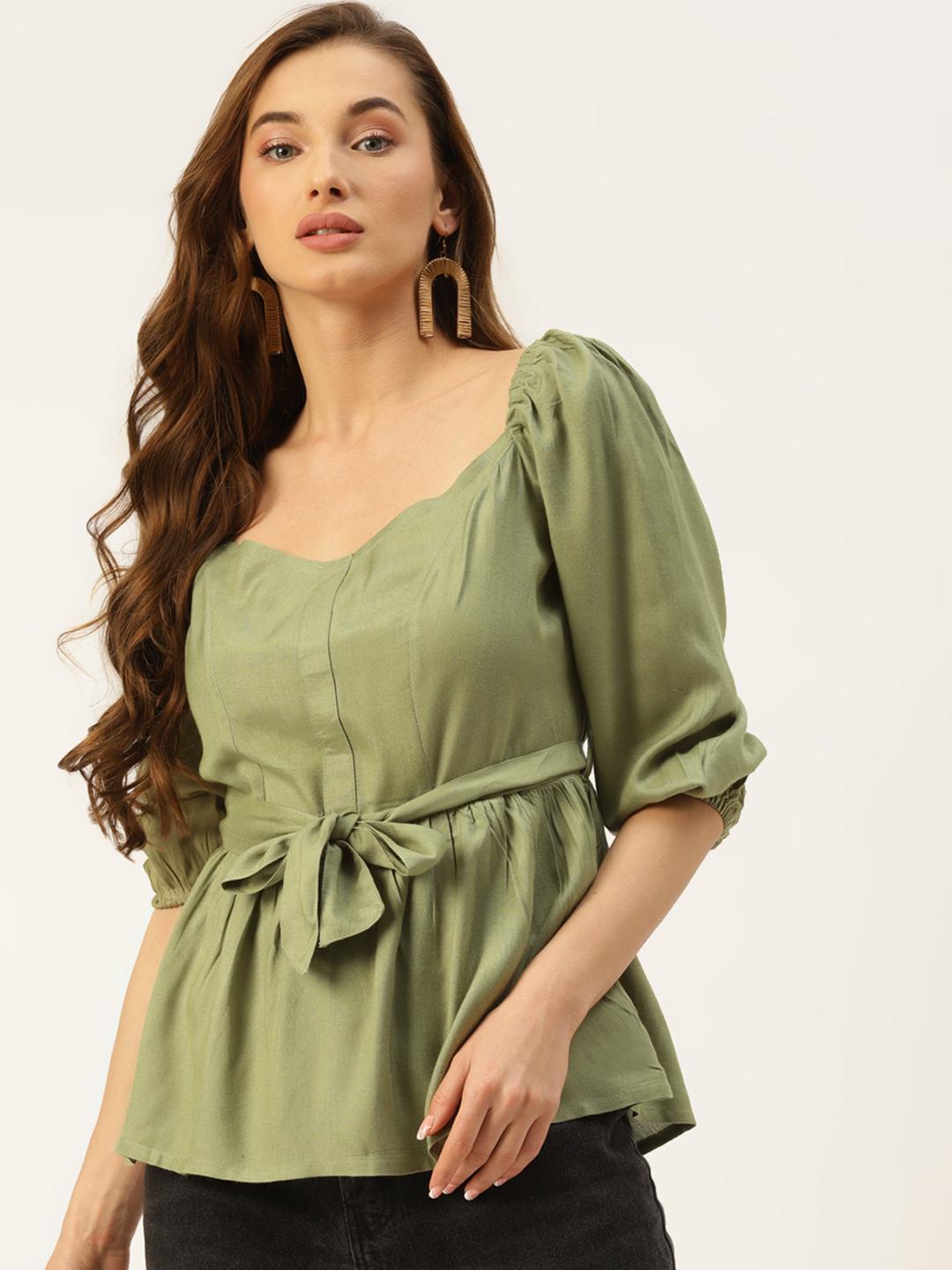 Buy Alsace Lorraine Paris Women Olive Green Solid Sweetheart Neck ...