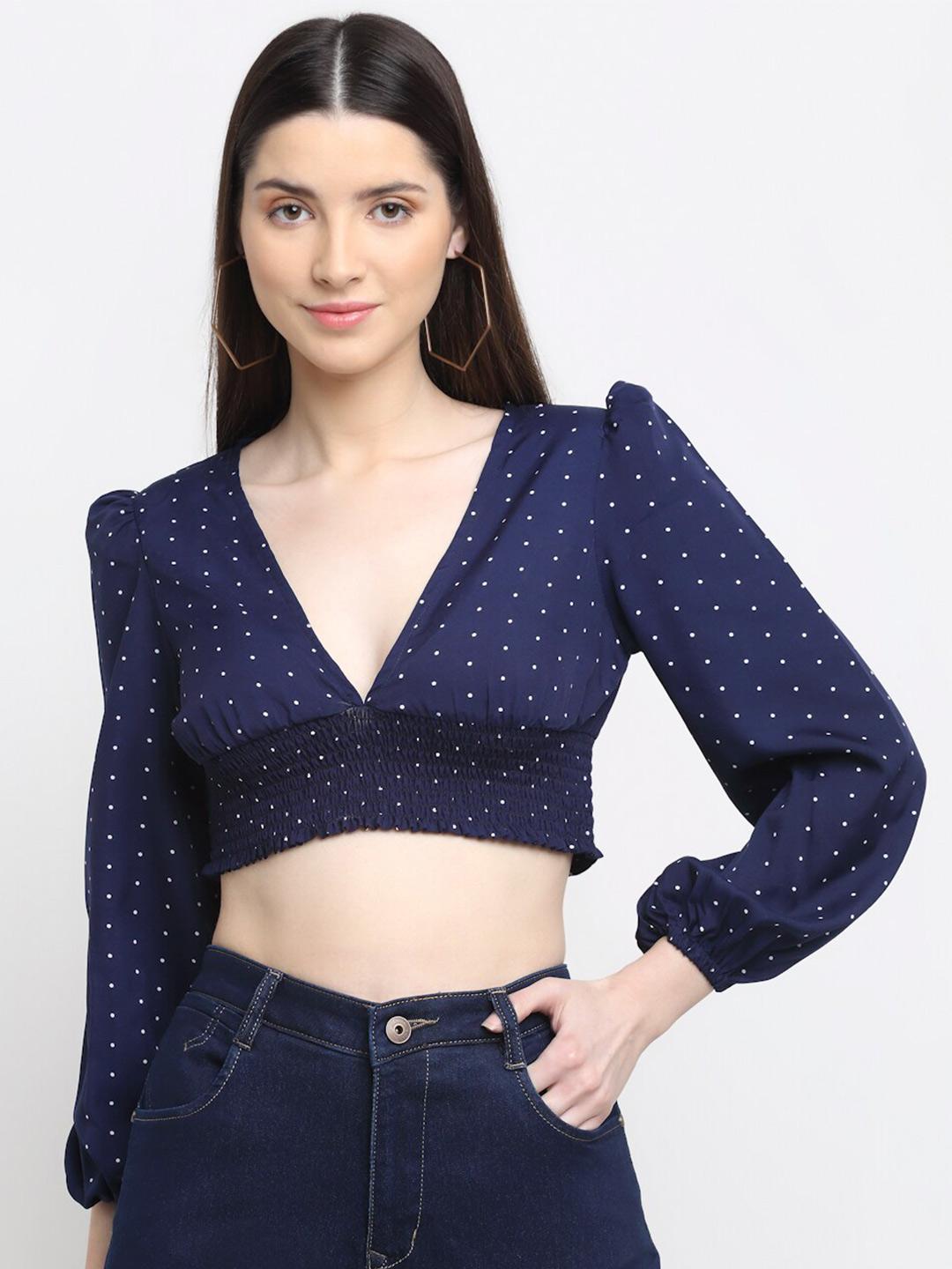 Buy Emeros Navy Blue Polka Dots Printed Smocking Detail Crop Top - Tops for Women 17506134 | Myntra