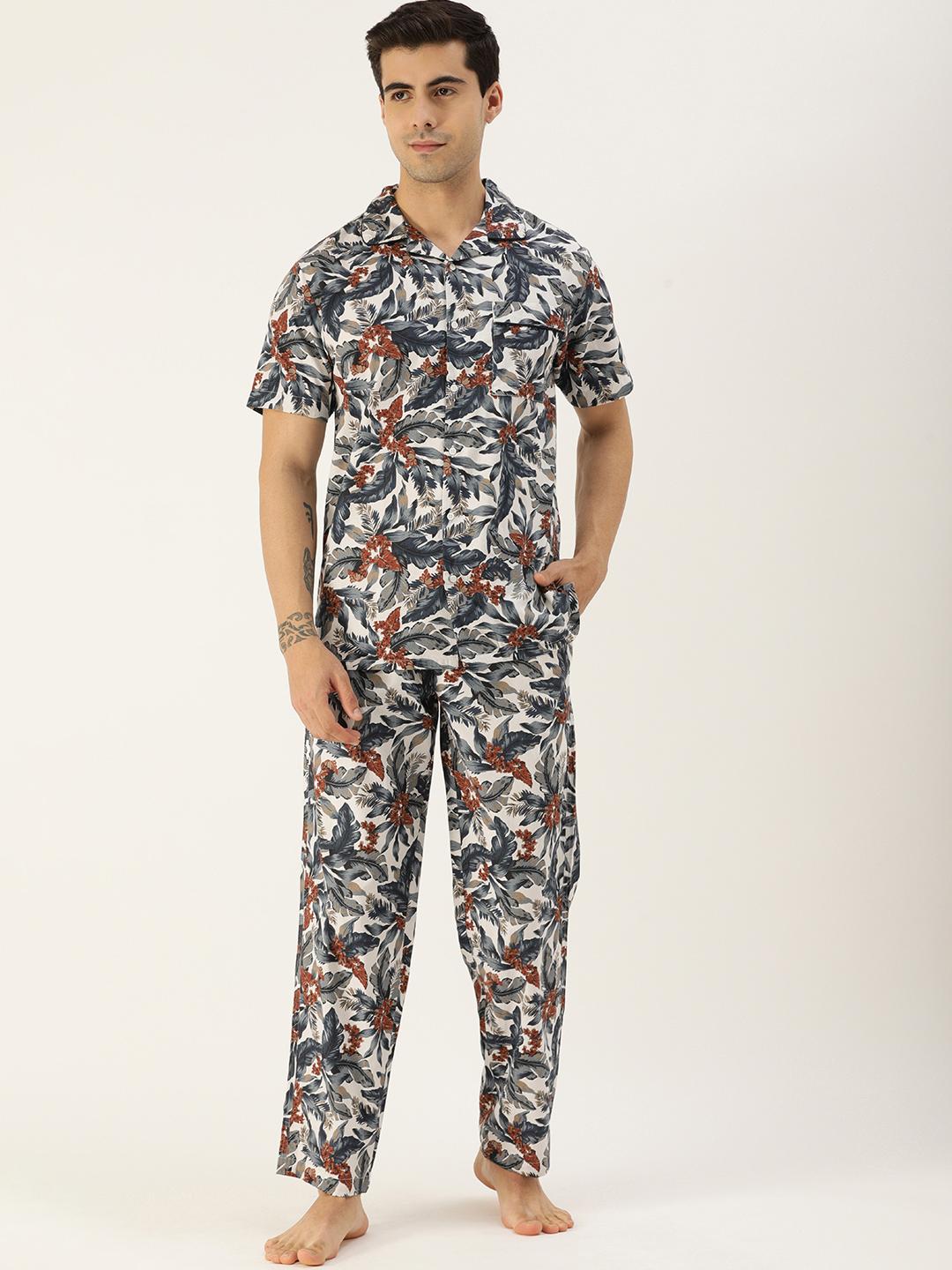 Buy Bene Kleed Men White & Navy Blue Floral Print Pure Cotton Pyjamas ...