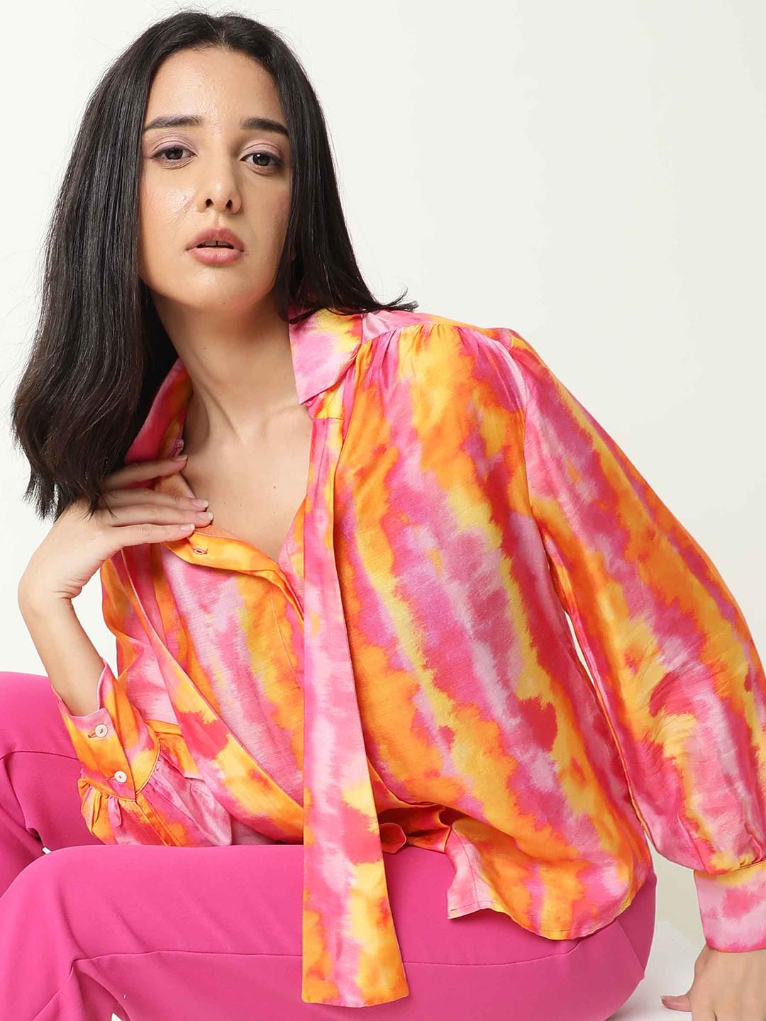 Buy RAREISM Pink & Orange Print Shirt Style Top - Tops for Women ...