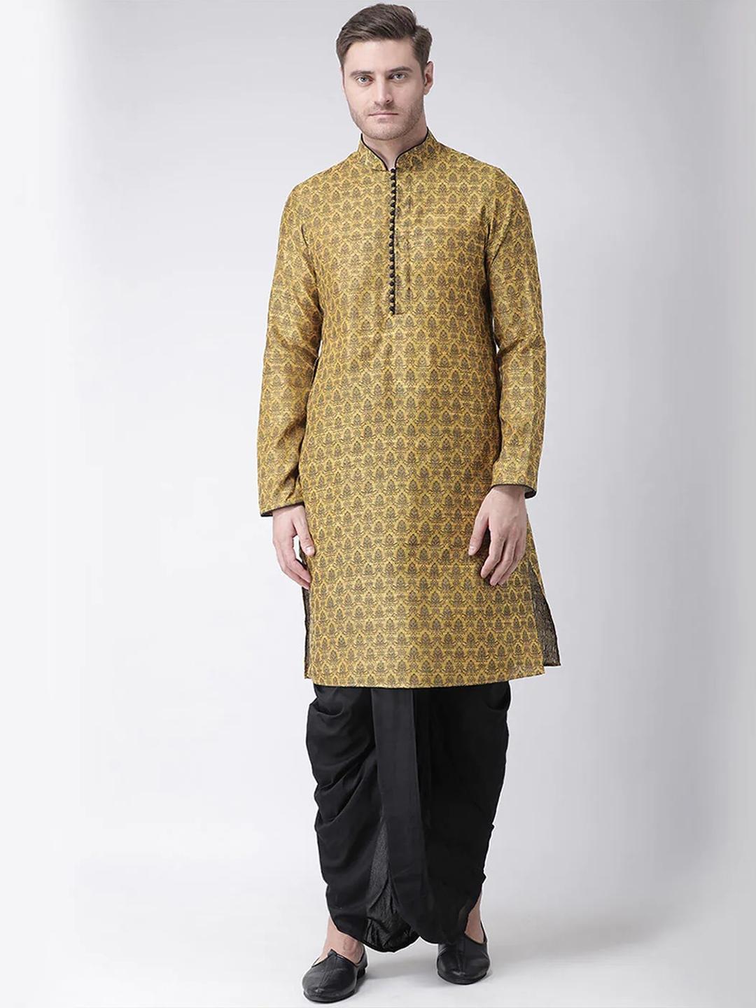 Buy Chitwan Mohan Men Yellow & Black Ethnic Motifs Printed Kurta With ...