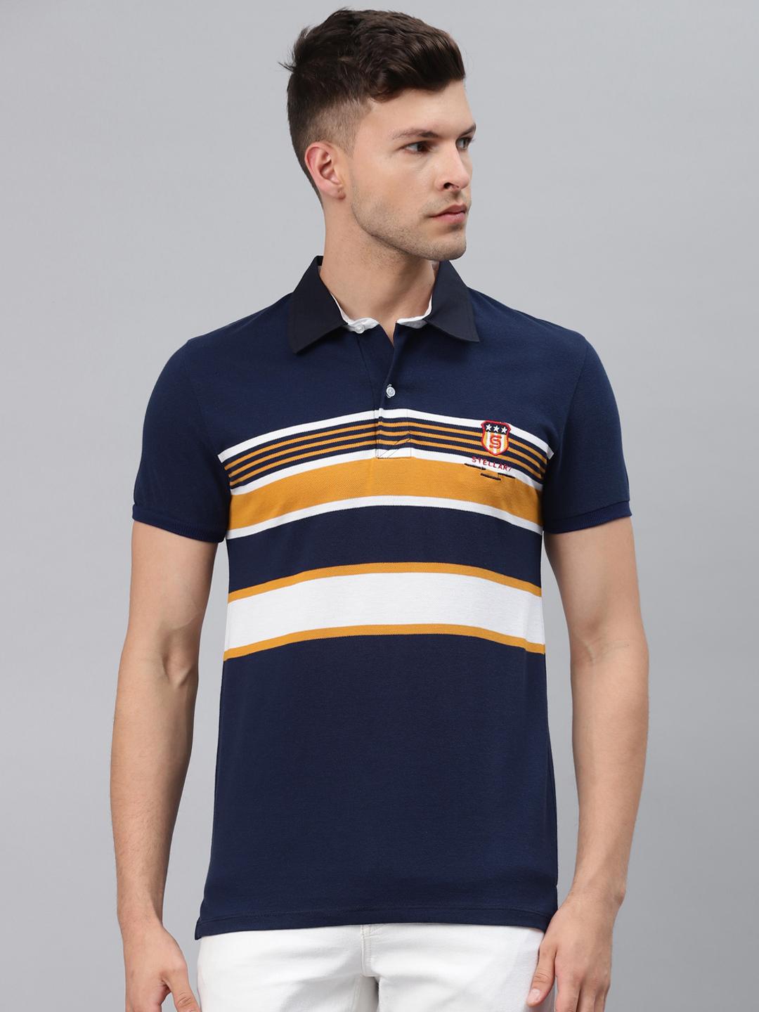 Buy Pierre Carlo Men Navy Blue & White Striped Polo Collar Applique T ...