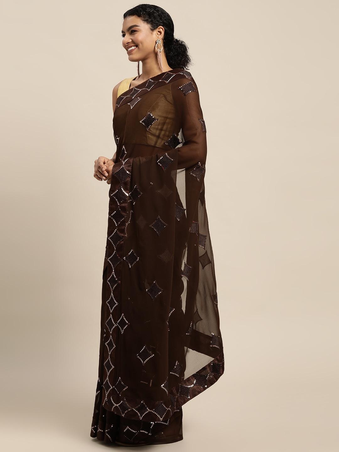 Buy Pratham Blue Coffee Brown Sequinned Pure Georgette Saree - Sarees for Women 17577762 | Myntra