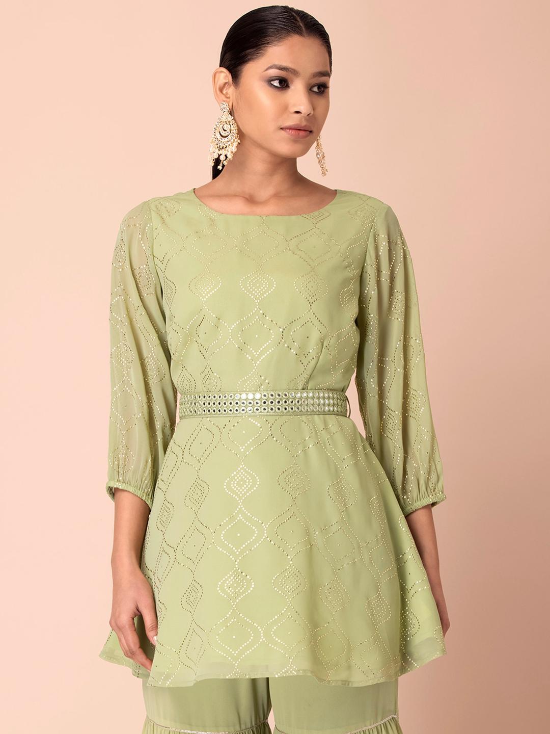 Buy INDYA Women Green Foil Printed Mirror Work Short Kurta With ...