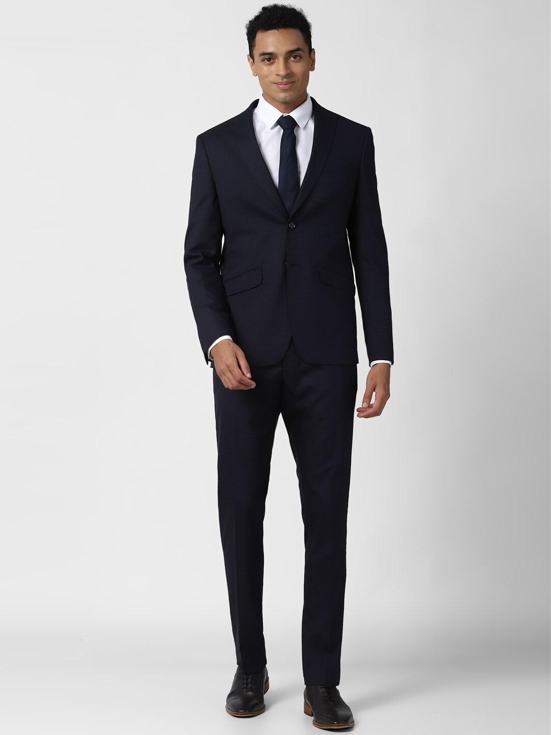 Buy Peter England Elite Men Navy Blue Checked Slim Fit Single Breasted ...