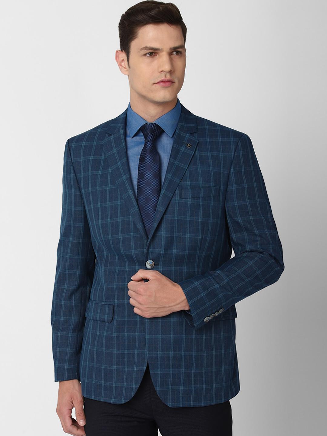 Buy Van Heusen Men Blue Checked Slim Fit Single Breasted Blazer ...