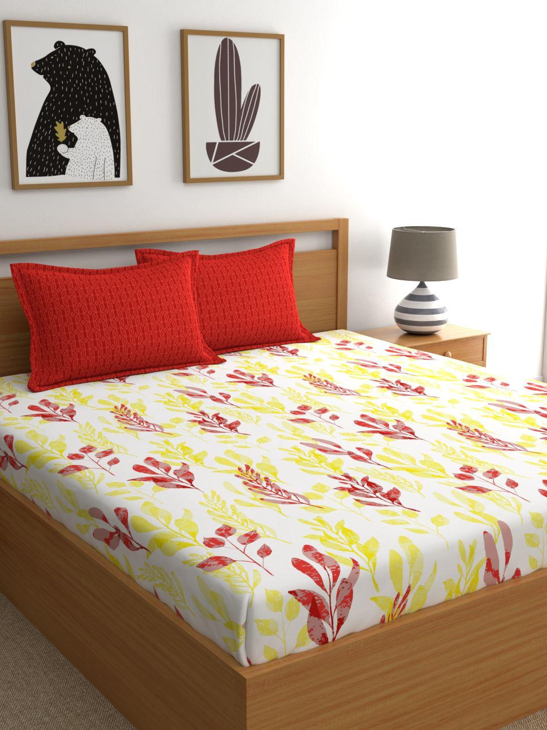 Buy Home Ecstasy Red Leaf Pure Cotton 140 TC Queen Bedsheet With 2 ...