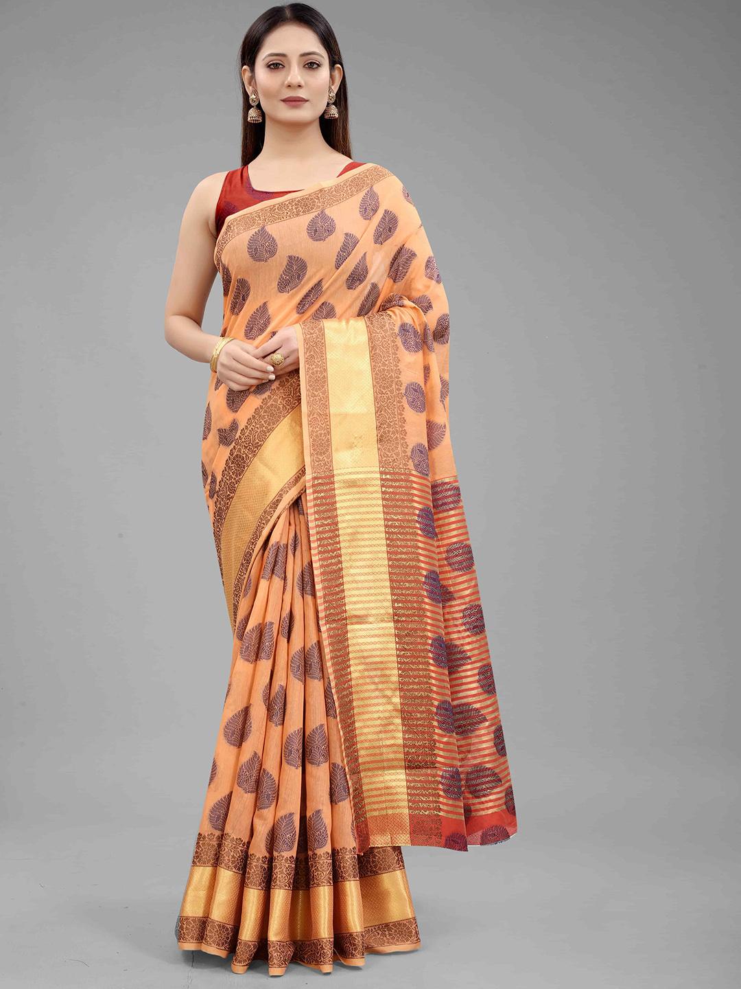 Buy Silk Land Peach Coloured & Gold Toned Ethnic Motifs Zari Chanderi ...