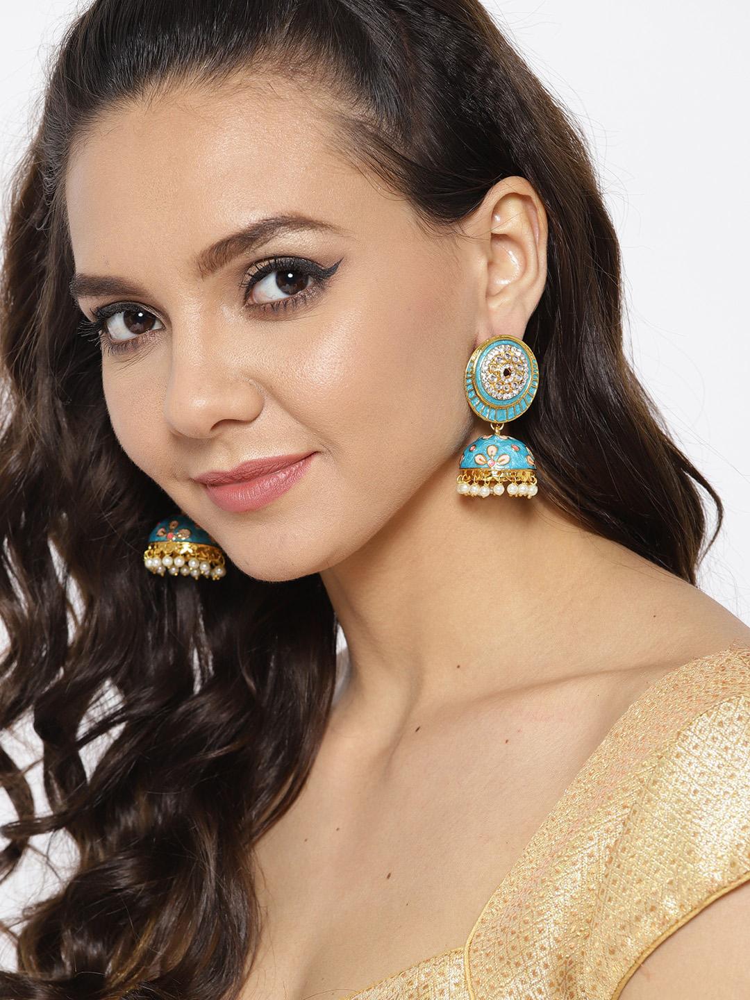 Buy YouBella Gold Toned & Blue Contemporary Jhumkas Earrings - Earrings ...