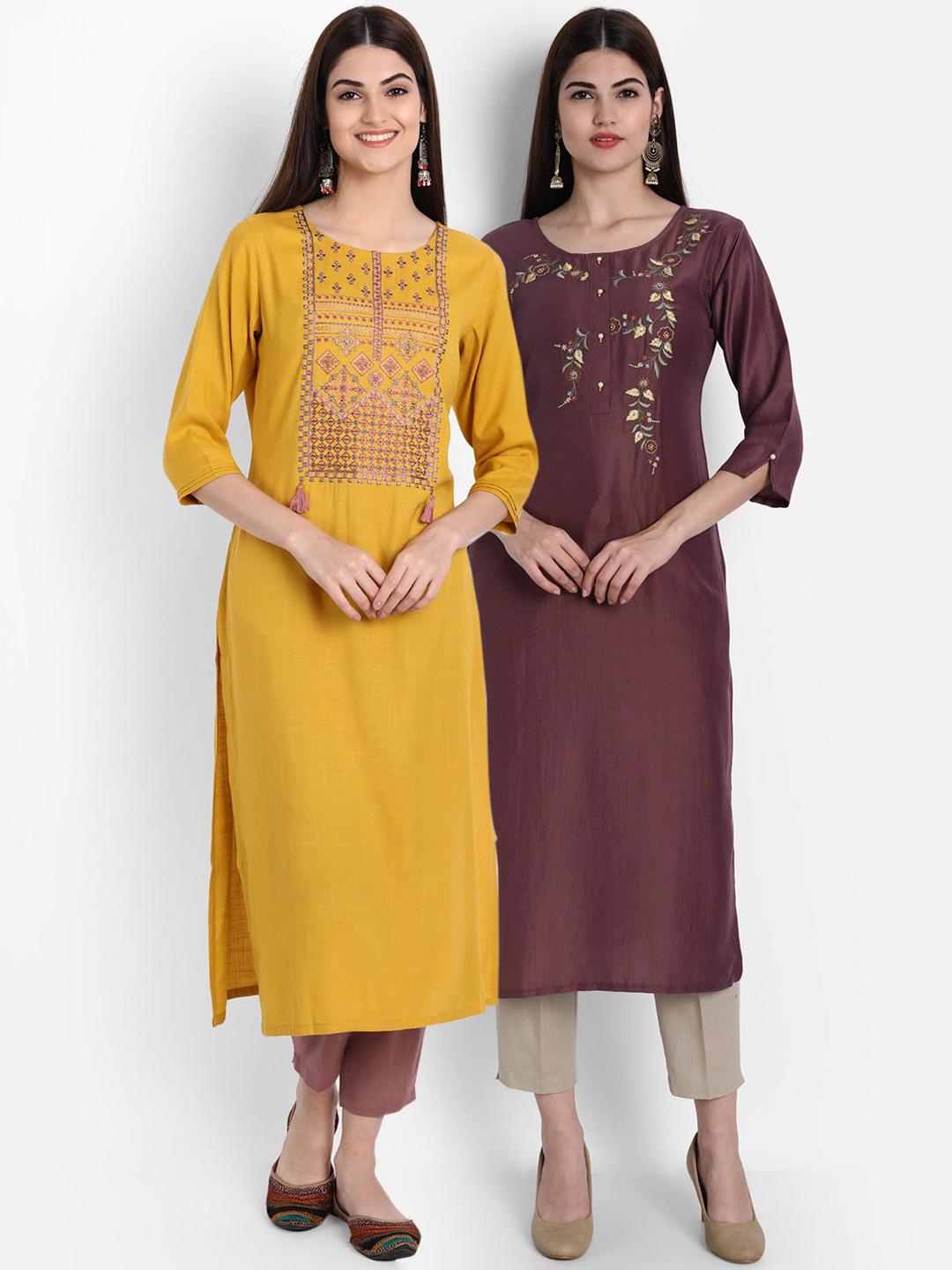 Buy Arangya Women Set Of 2 Yellow & Purple Floral Embroidered Kurta ...