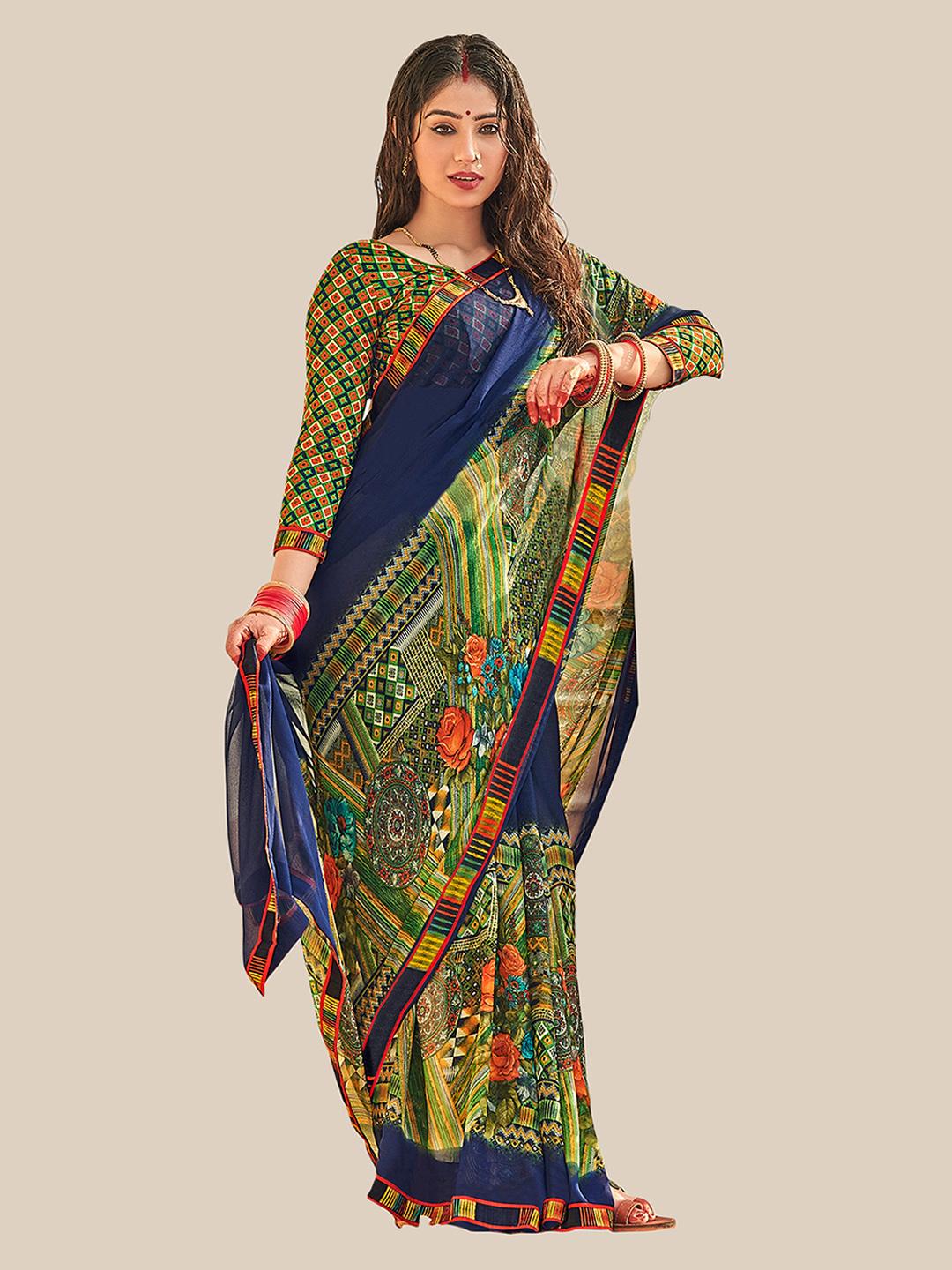 Buy UNITED LIBERTY Blue & Green Floral Pure Georgette Saree - Sarees ...