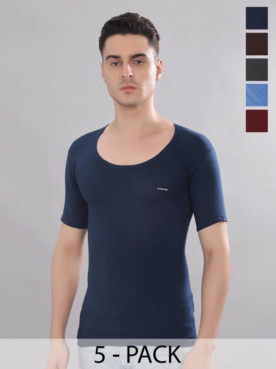 Buy Dollar Bigboss Men Solid Pack Of 5 Cotton Shrinkless Round Neck ...