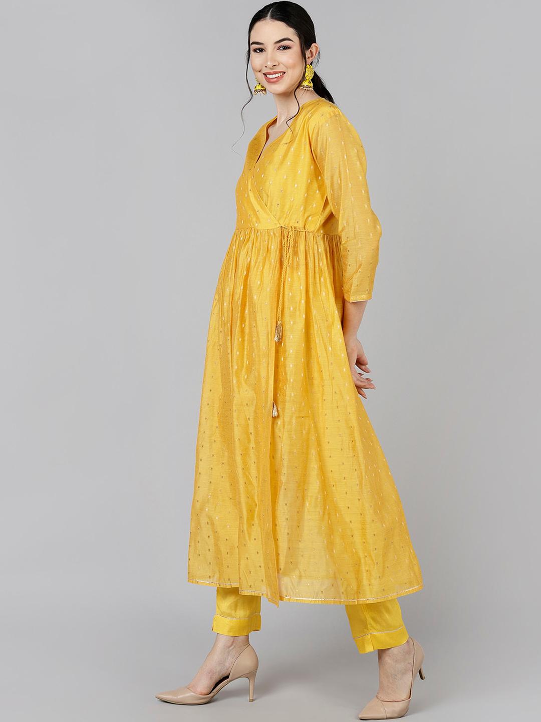Buy AHIKA Women Mustard Yellow Angrakha Kurta With Trousers - Kurta ...
