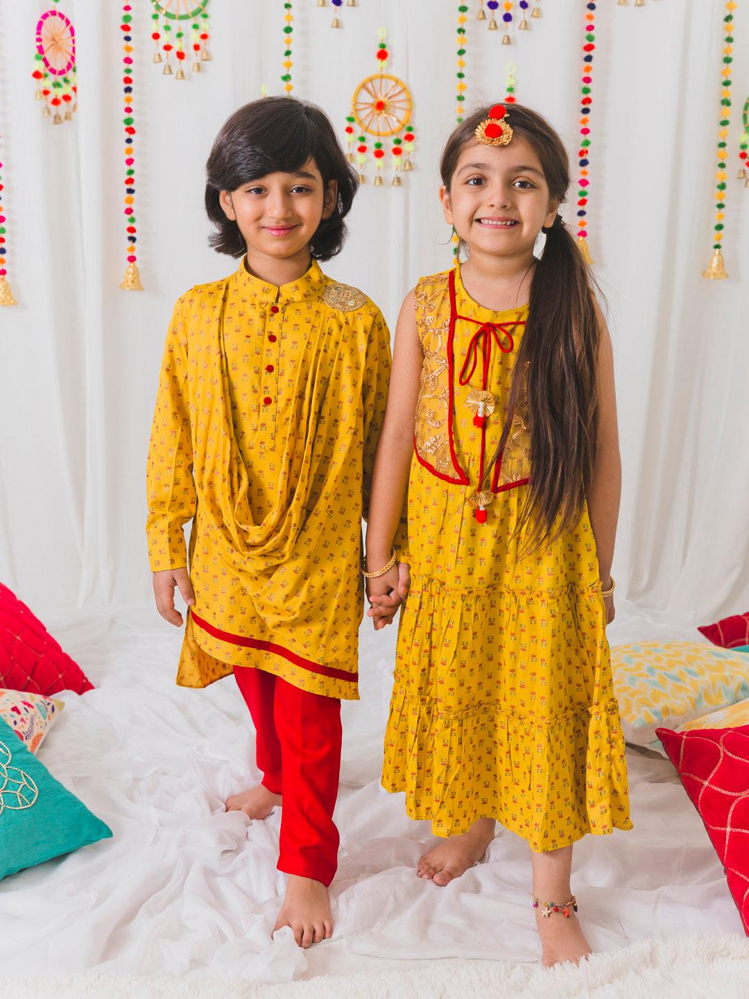 Buy Pspeaches Girls Mustard Yellow Floral Printed Ethnic Maxi Dress ...