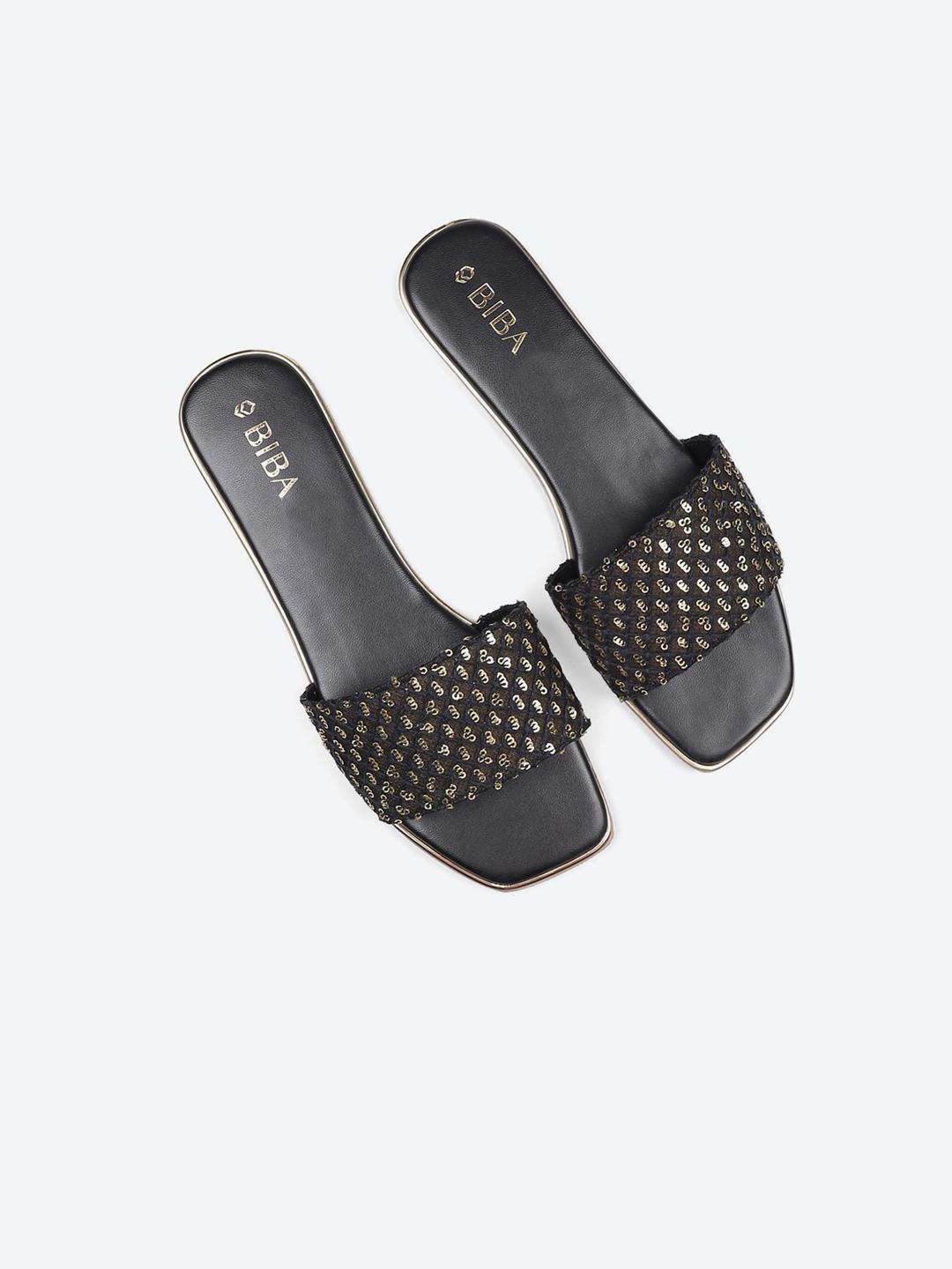 Buy Biba Women Black Embellished Open Toe Flats - Flats for Women ...