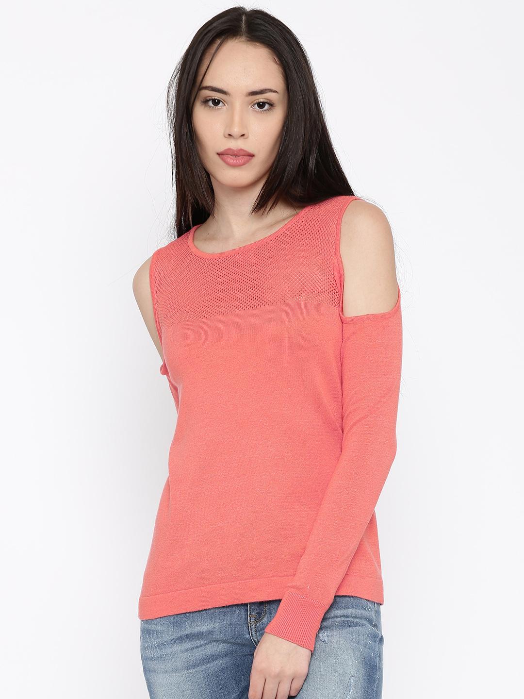 Buy ONLY Coral Pink Cold Shoulder Sweater - Sweaters for Women 1784511 ...