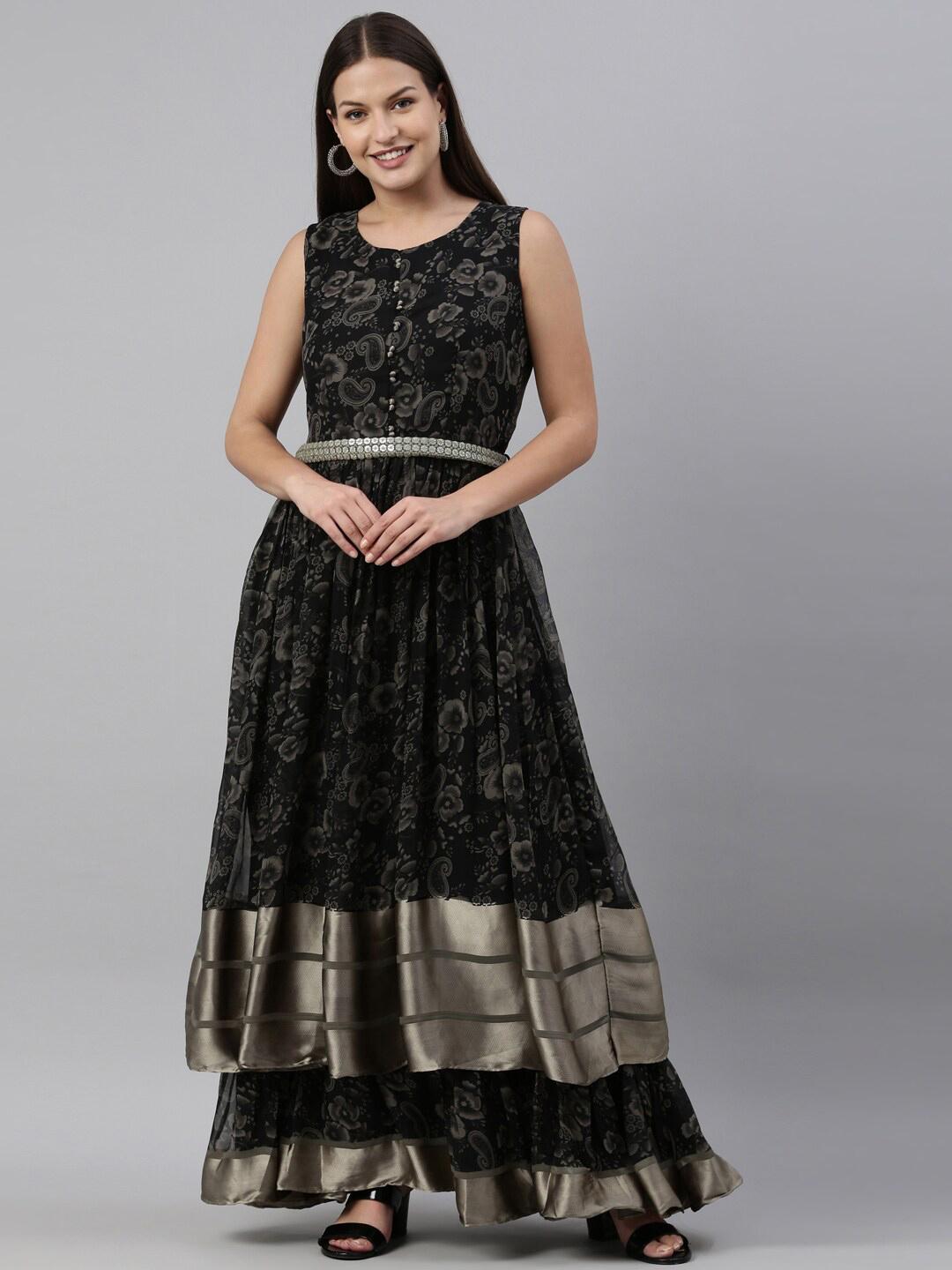 Buy Neerus Black Ethnic Motifs Layered Georgette Maxi Dress - Ethnic ...