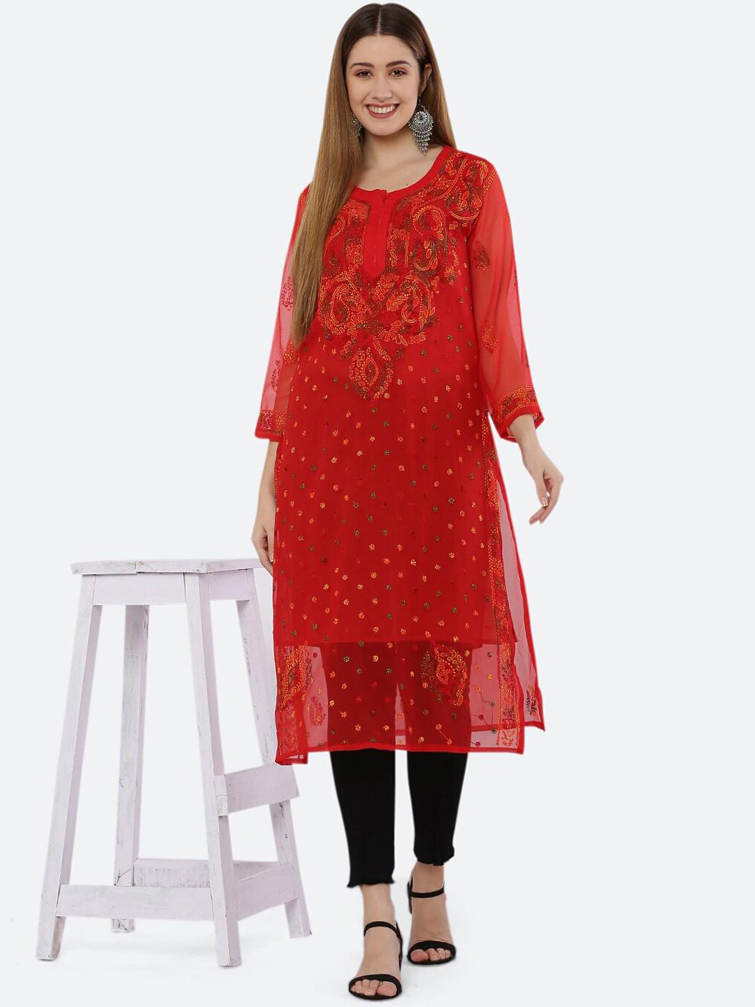 Buy FAWOMENT Women Ethnic Motifs Embroidered Chikankari Georgette Kurta ...