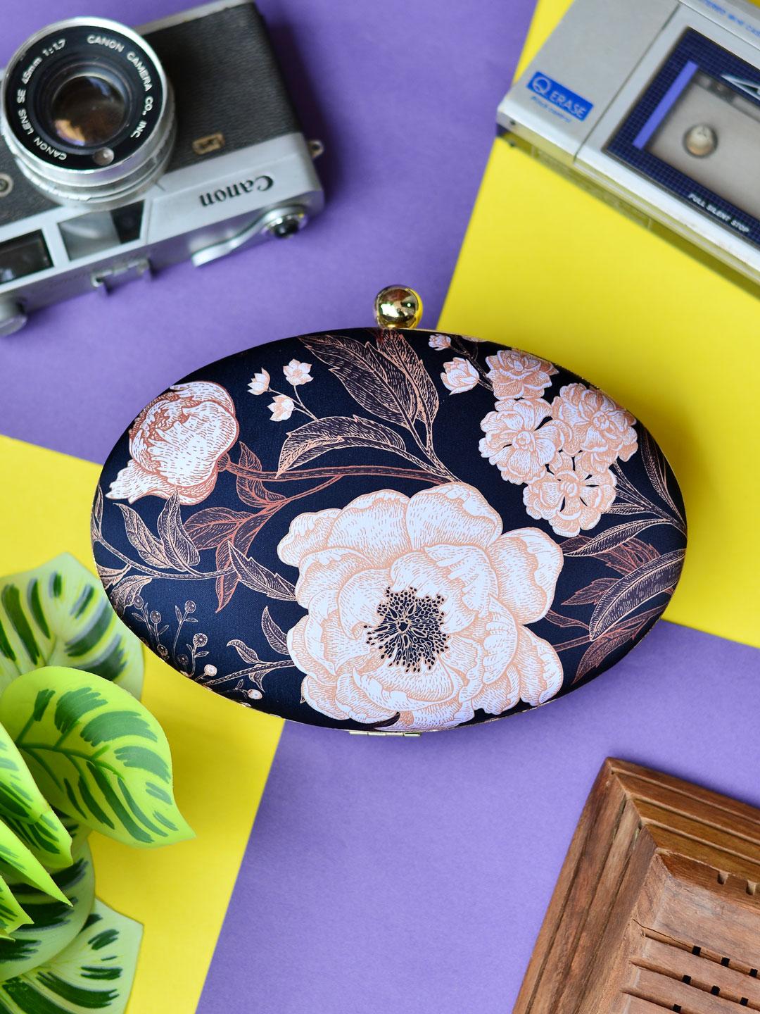 Buy ARTKLIM Navy Blue & Brown Floral Printed Box Clutch - Clutches for ...