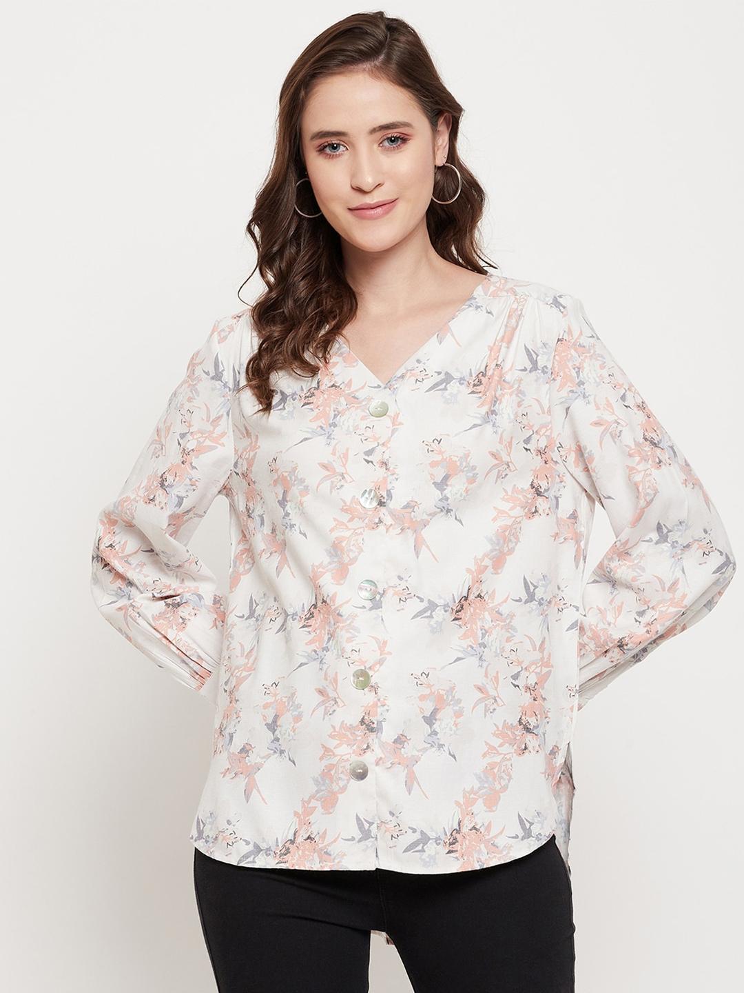 Buy Madame Off White & Peach Coloured Floral Print Cuffed Sleeves Shirt ...